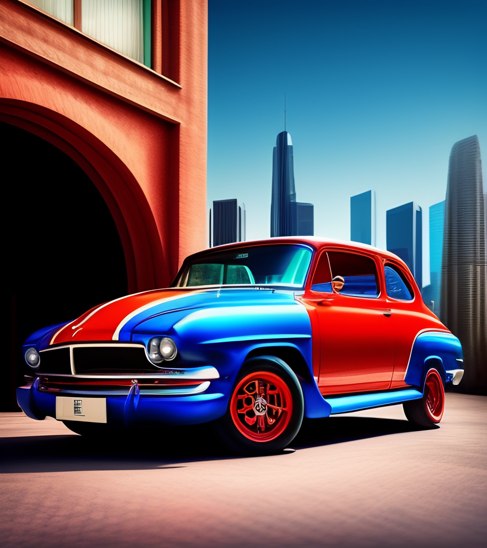 Lexica - A bright blue and red car with wings flying in a city