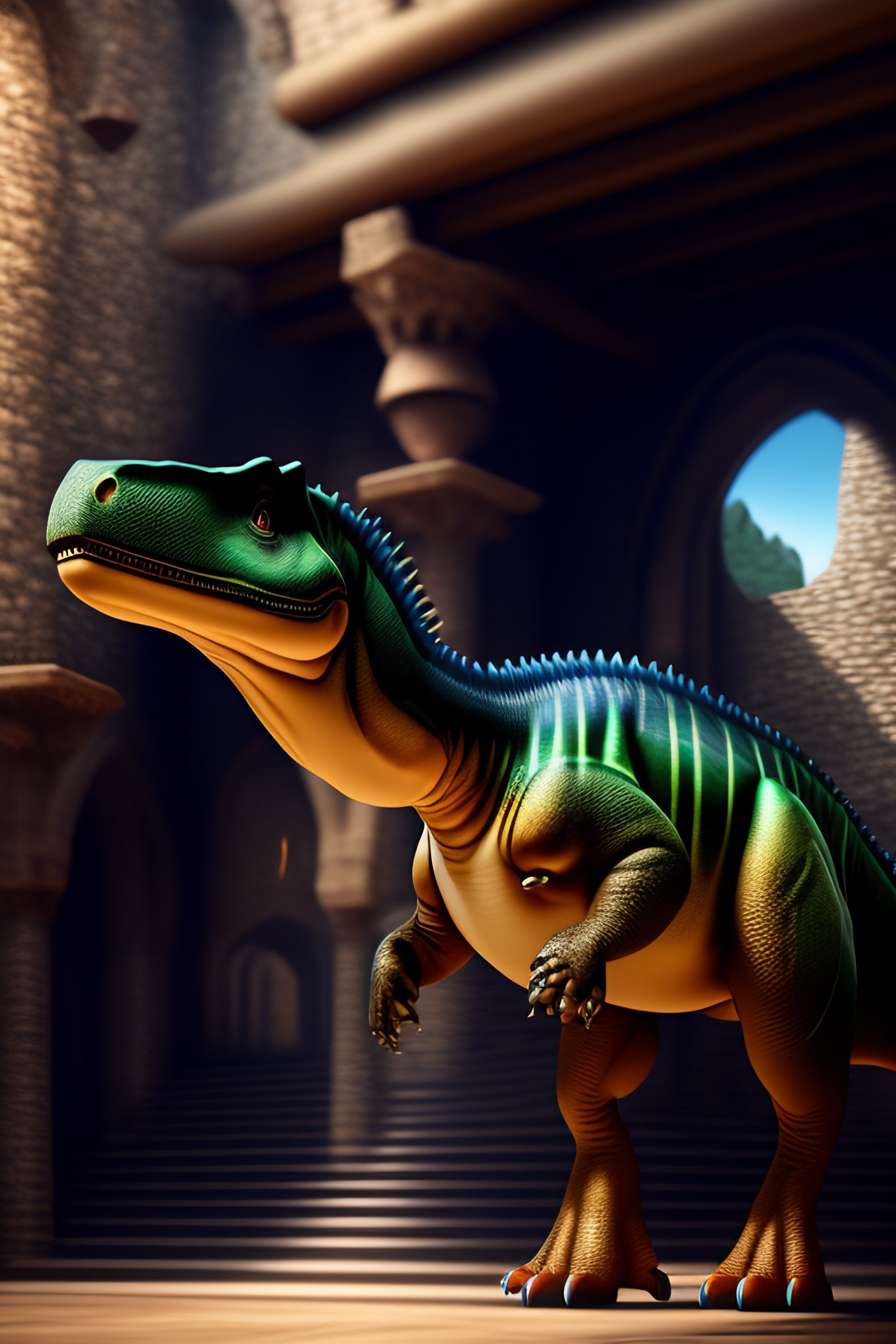 Lexica - Dinosaur in a medieval castle photorealistic style