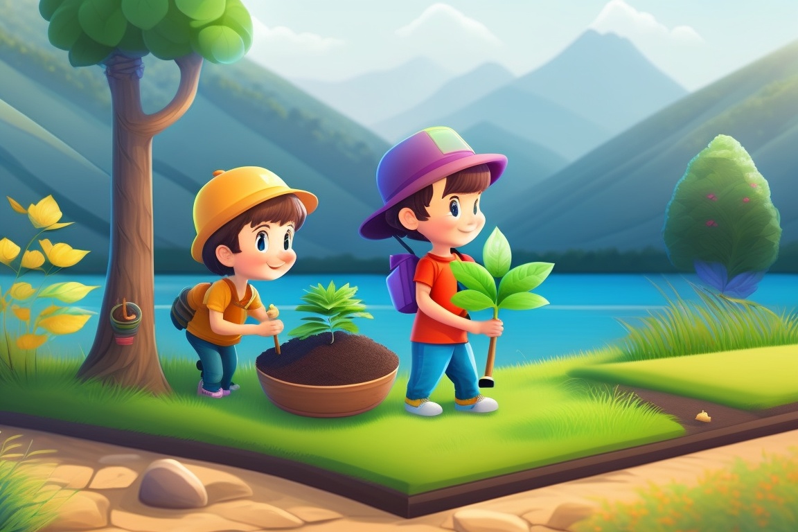 Lexica - Cartoon boy planting tree near riverside , took care of plants ...