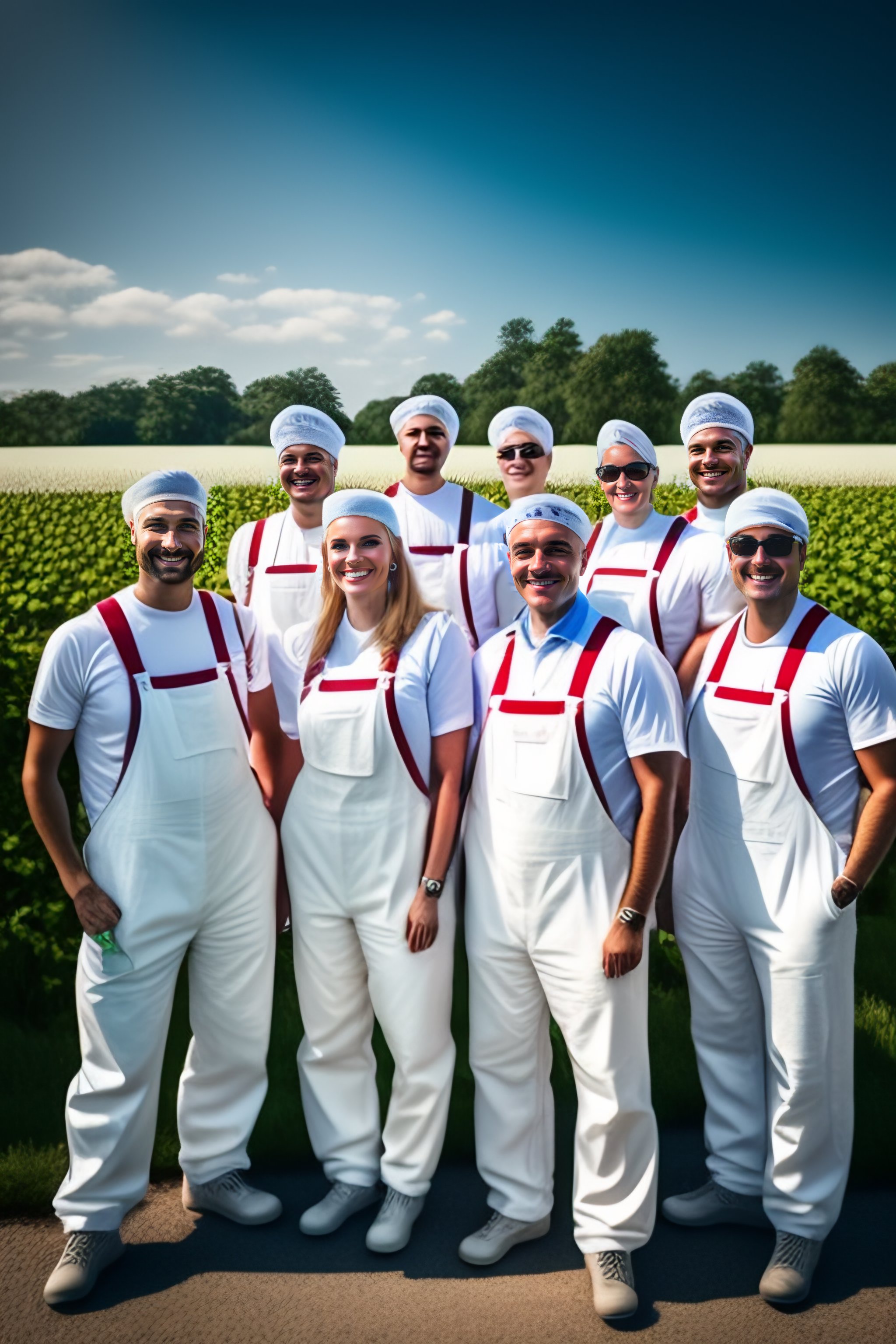 Lexica - An army of smiling painters wearing white dungarees holding ...