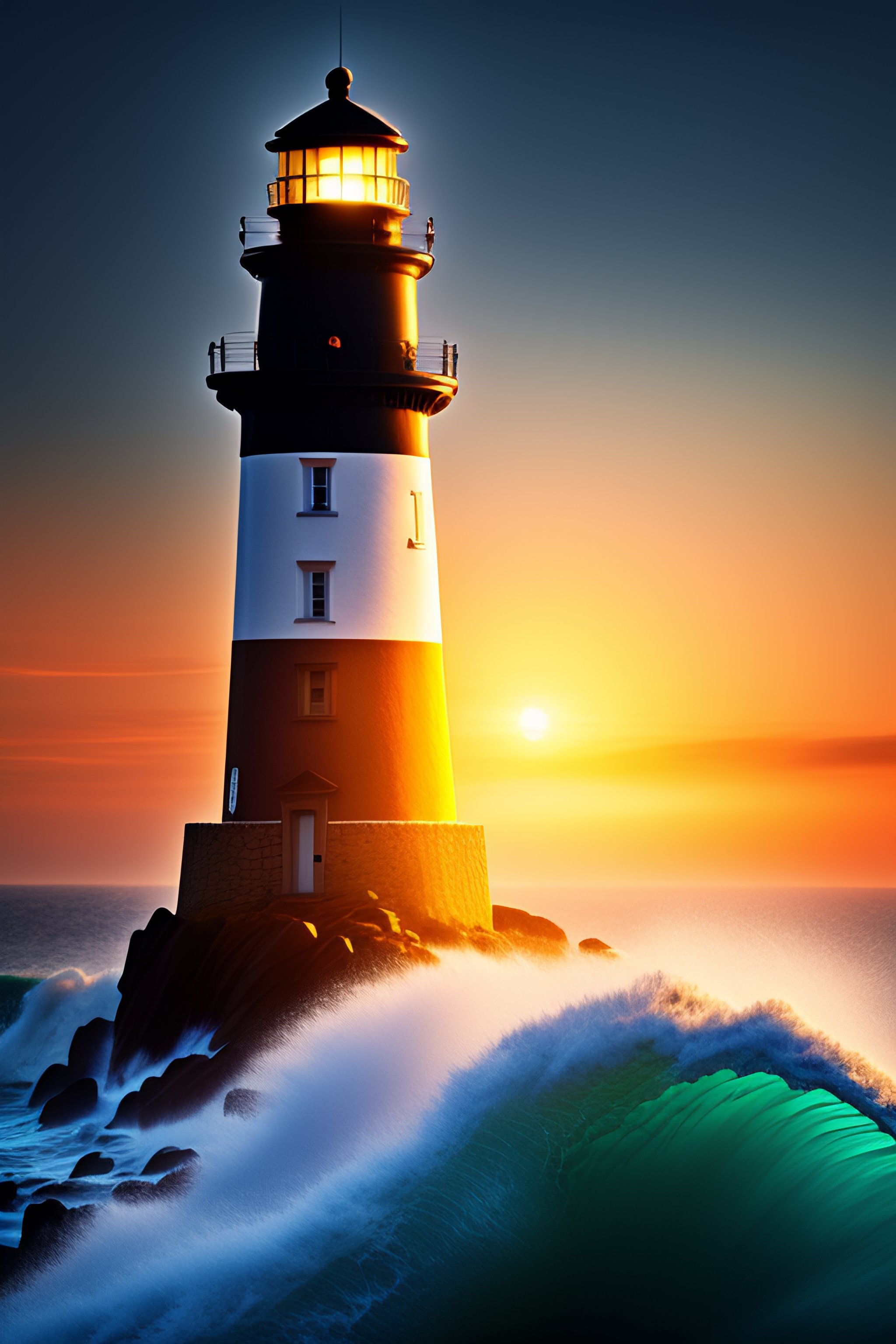 Lexica - A lighthouse in the middle of the sea, with wild sea hitting ...