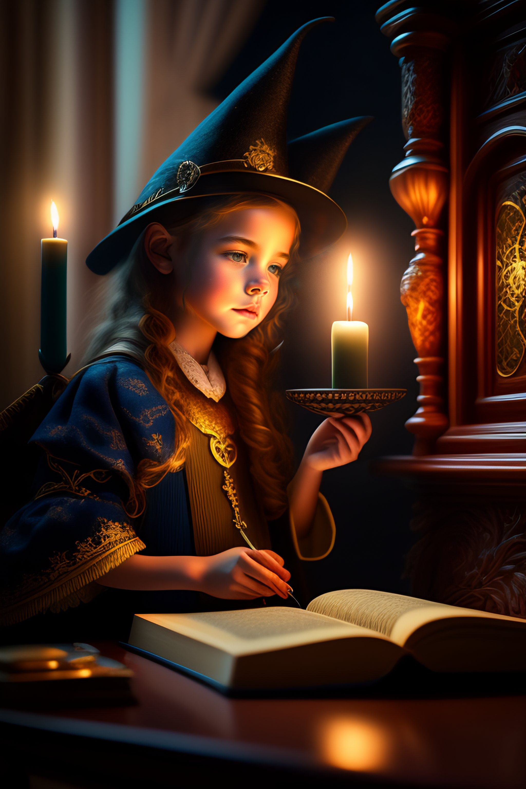 Lexica - Young pretty witch reads a book of spells, ornate coffer, cat ...