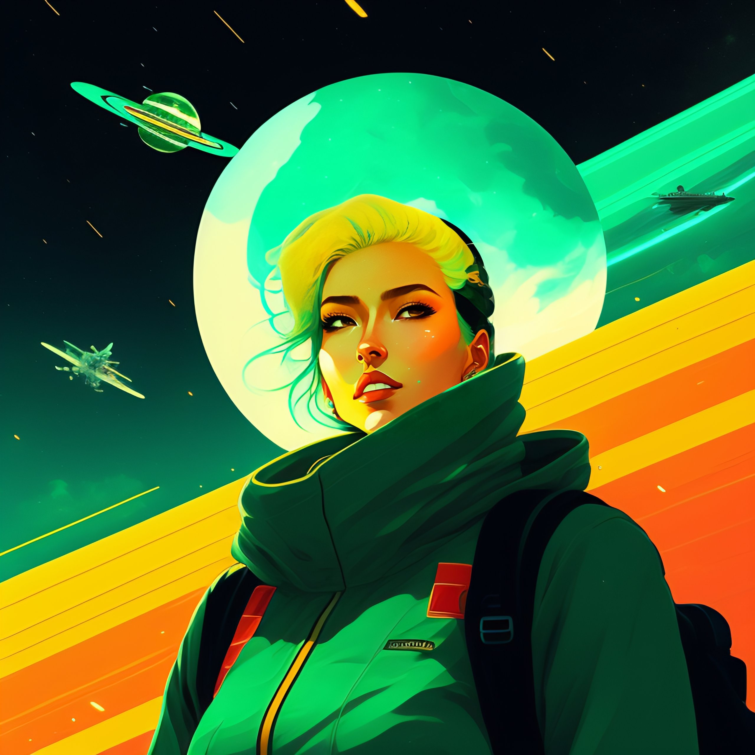 Lexica - Woman flying with planets circling around her, style of laurie ...