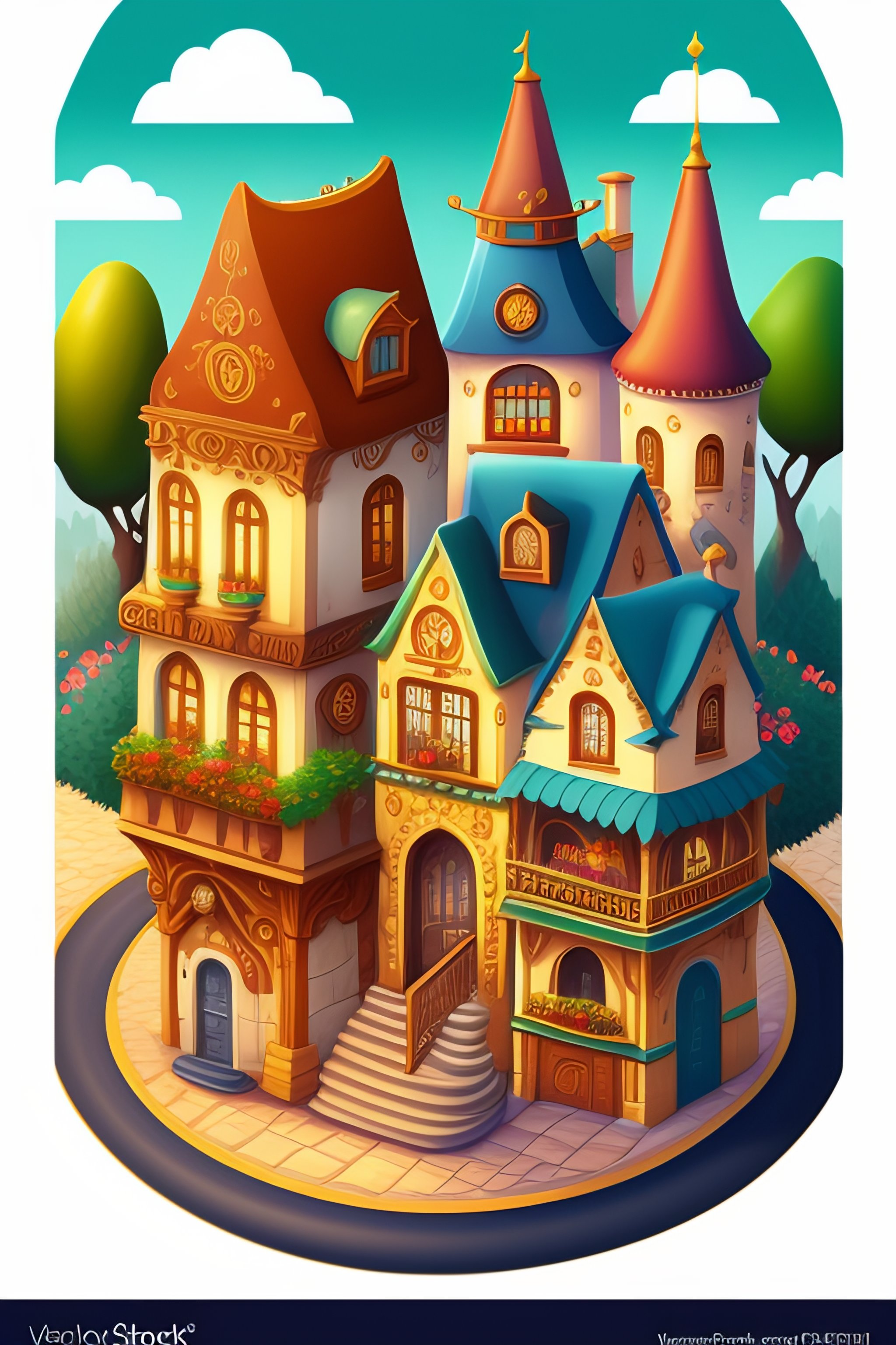 Lexica - Storybook cartoon fairytale town illustration, lot of house