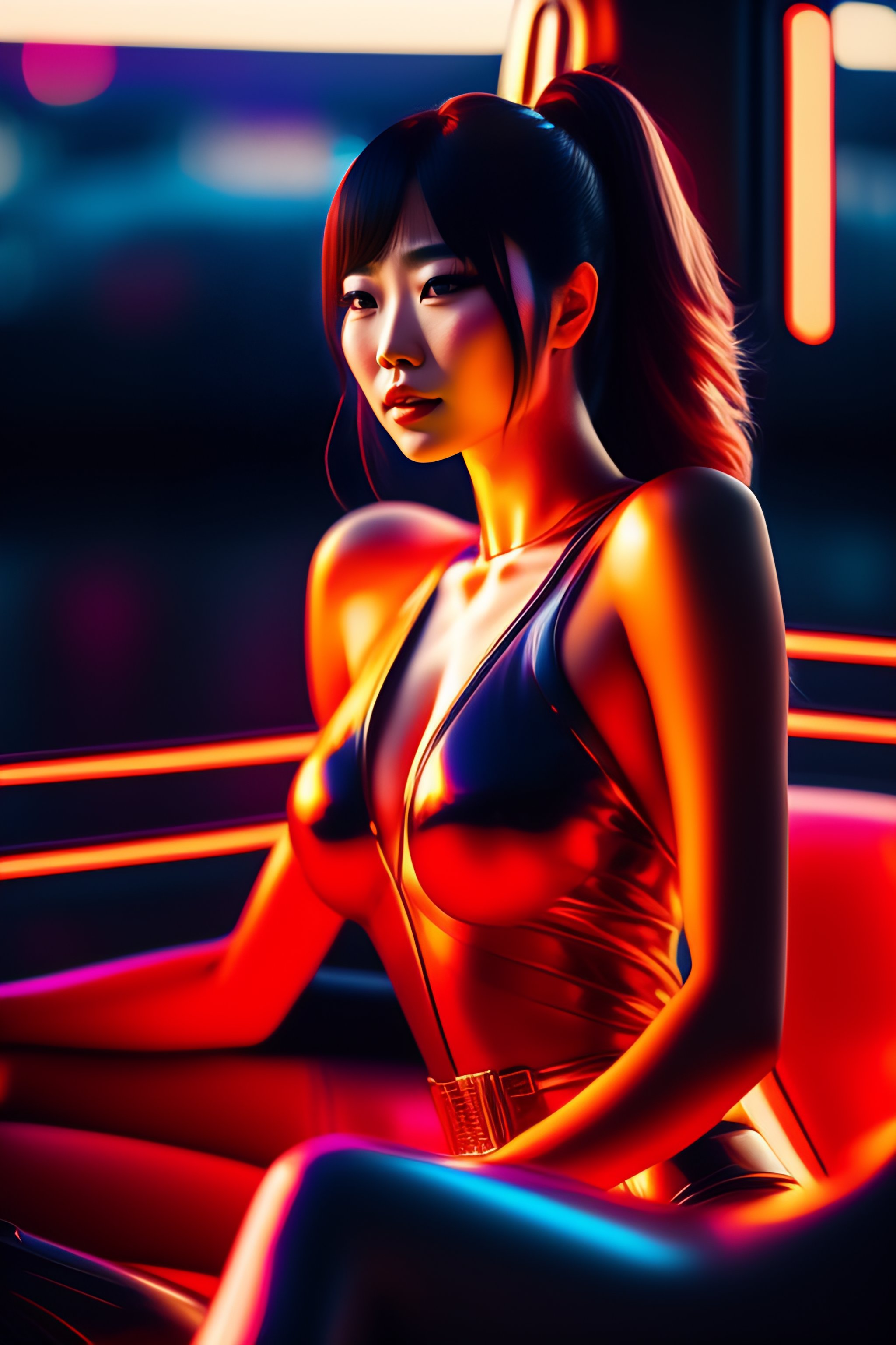 Lexica - Risa Yukihira sitting in a pilot seat + pose from a hajime Sorayama painting, neon ...