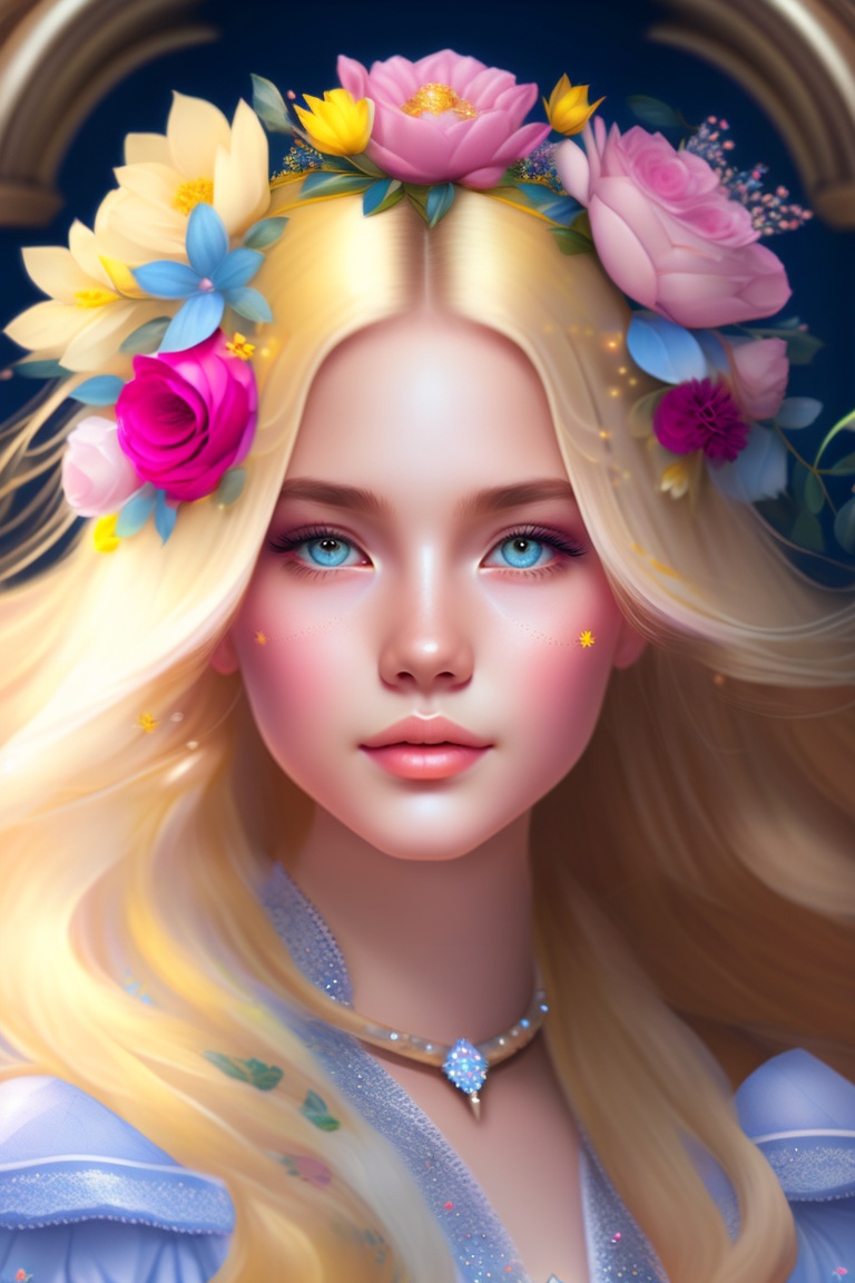 Lexica - A princess with yellow hair, white skin, long hair, blue eyes ...