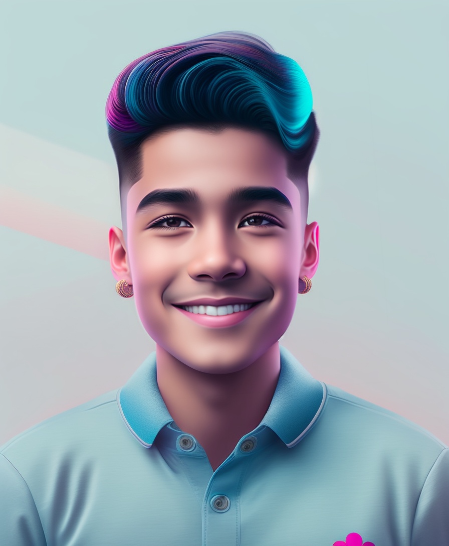 Lexica - 20 year boy, little smile, pink nad Cyan colour t-shirt, --ar 2:3