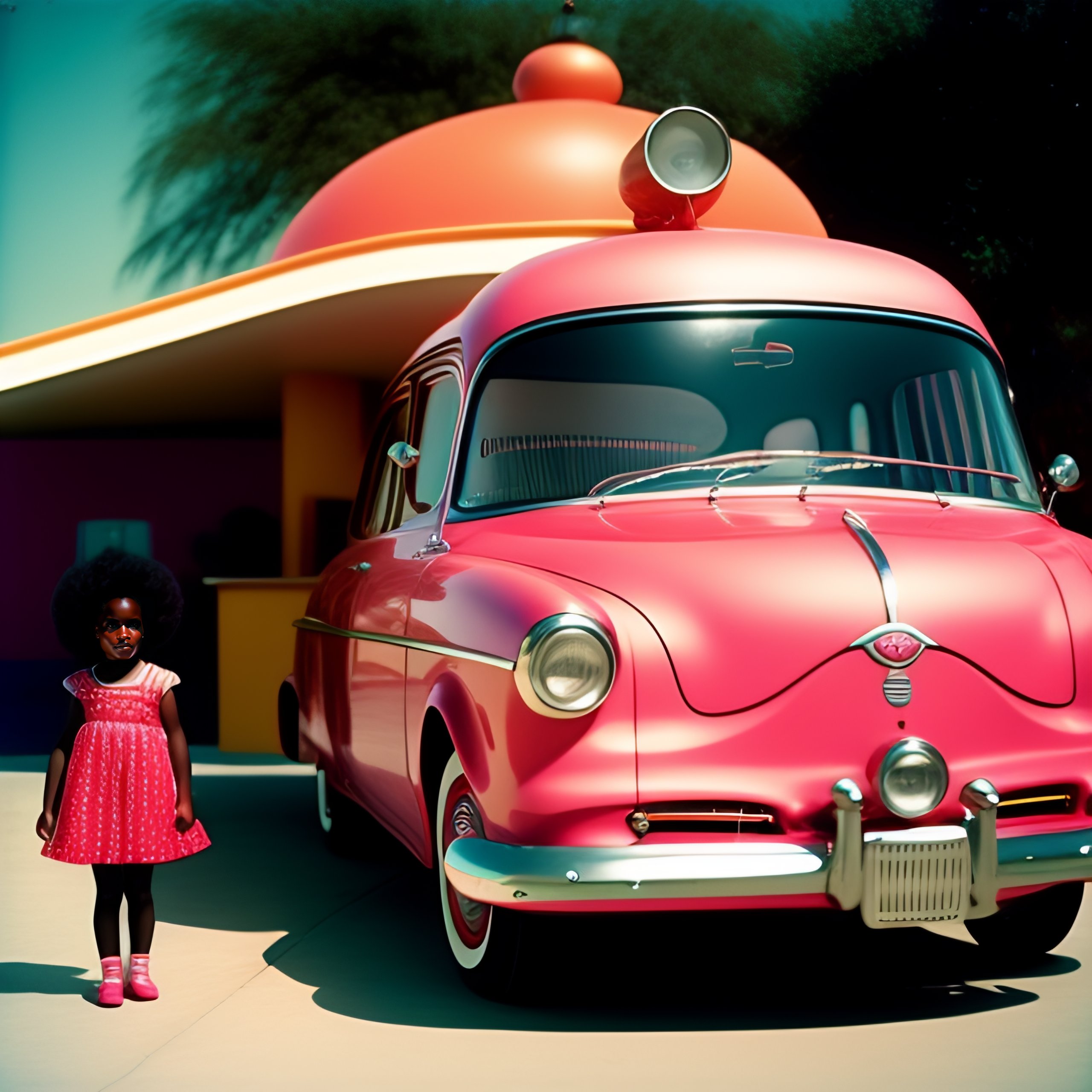 Lexica - 1954 ,afro woman beside small Fiat car , world's fair Googie ...
