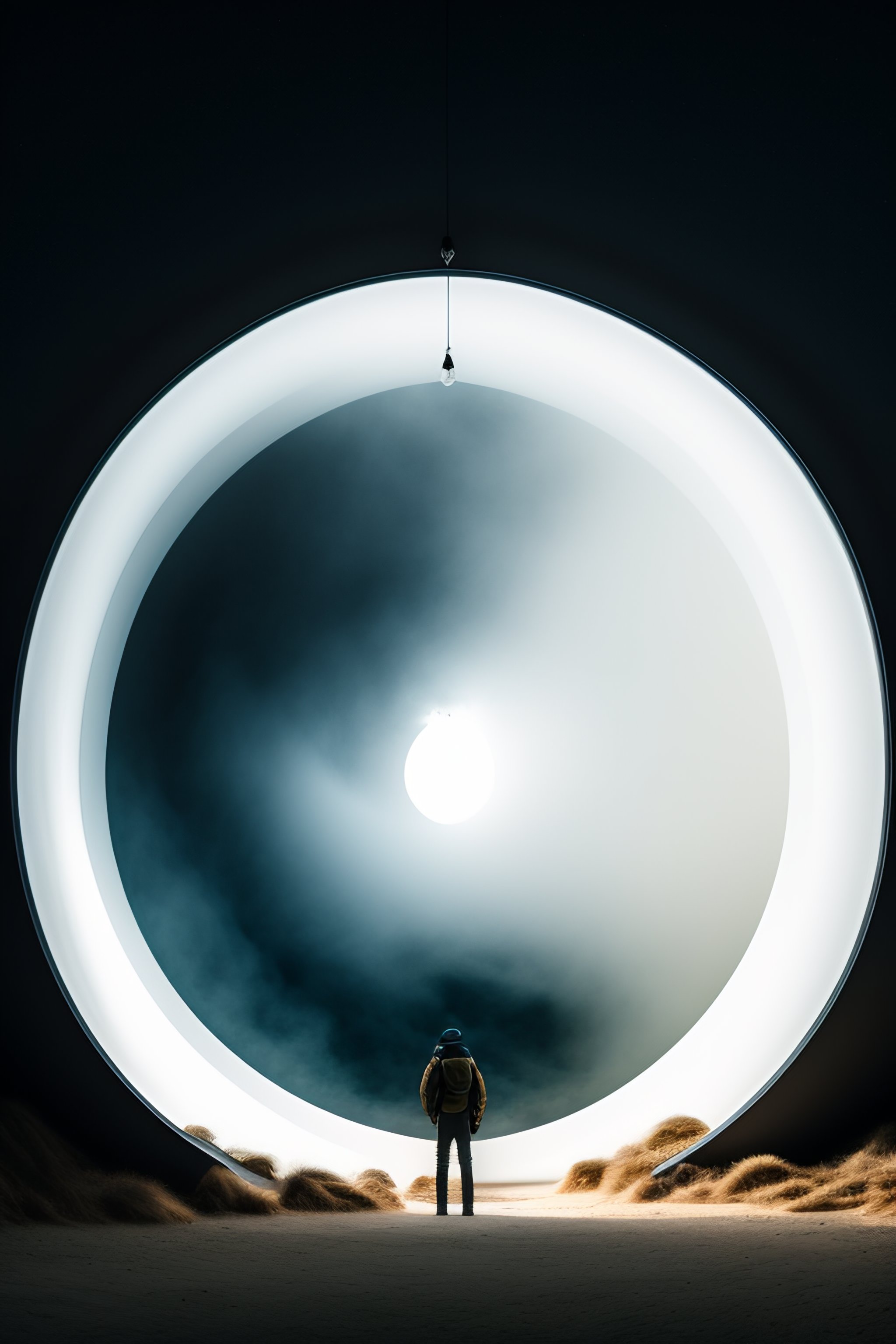 Lexica - Man inside the white foggy circle cocoons