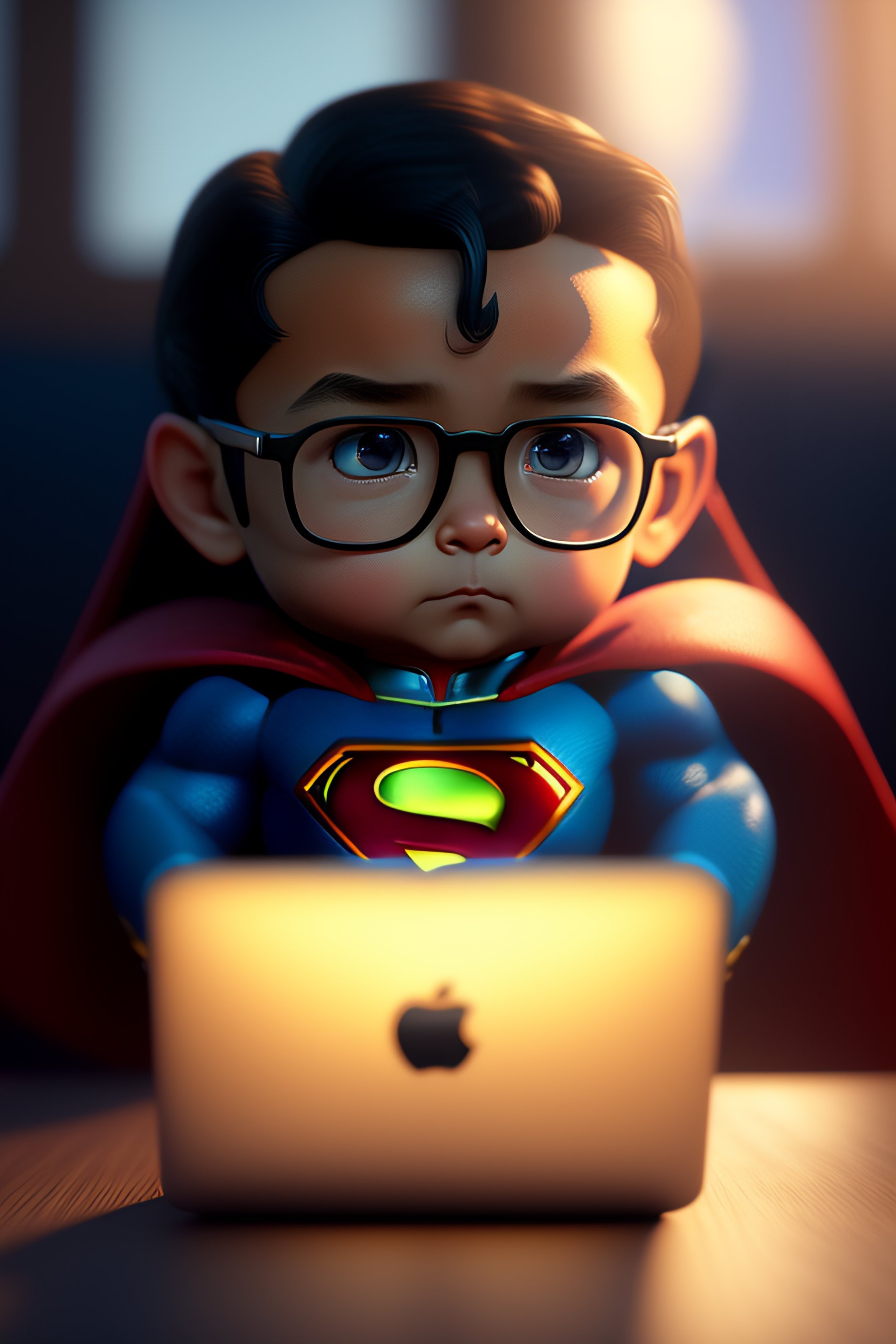 Lexica - Cute small humanoid superman sitting in front of laptop ...