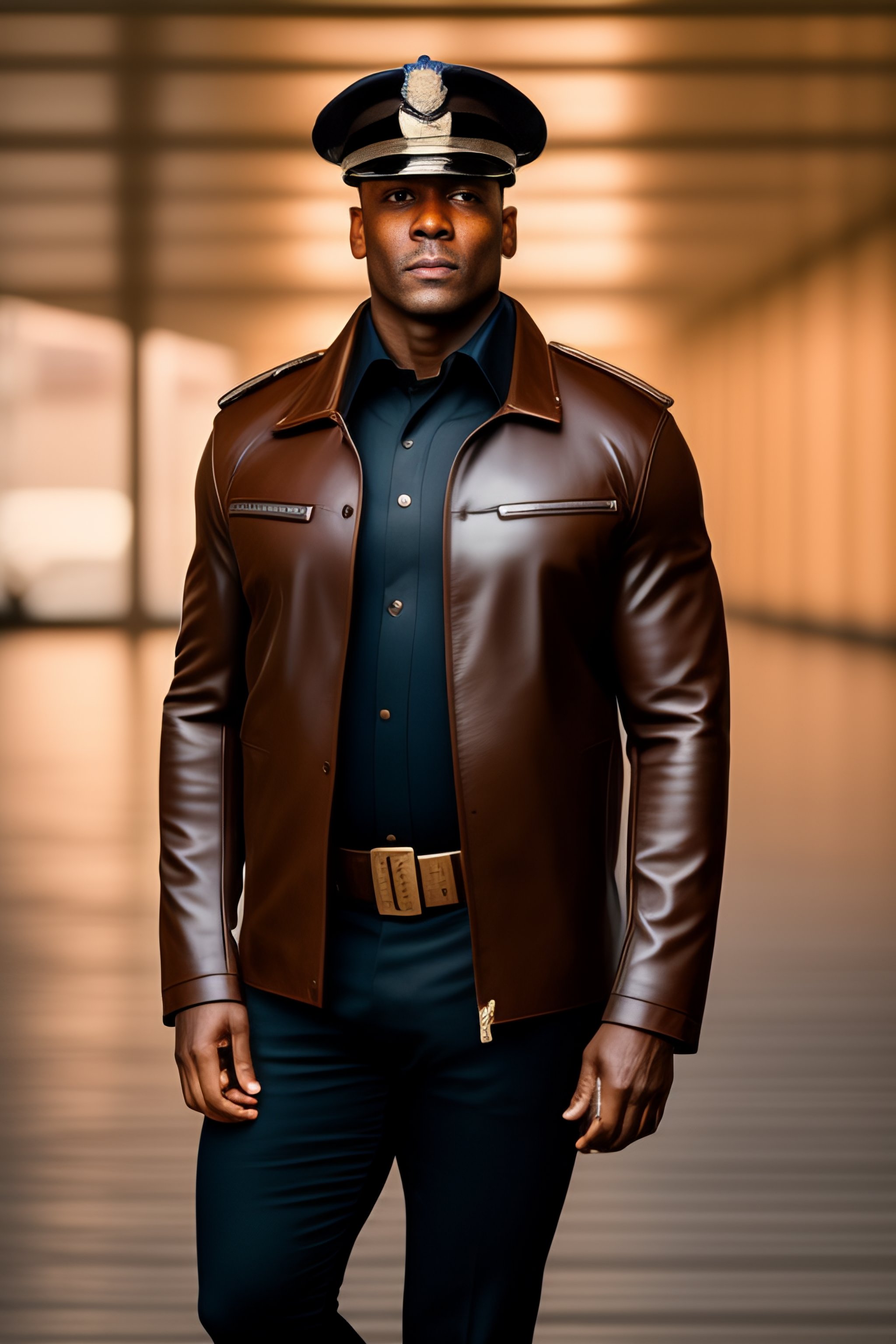 Lexica - Portrait of a cop wearing a brown leather jacket, a muir cap ...