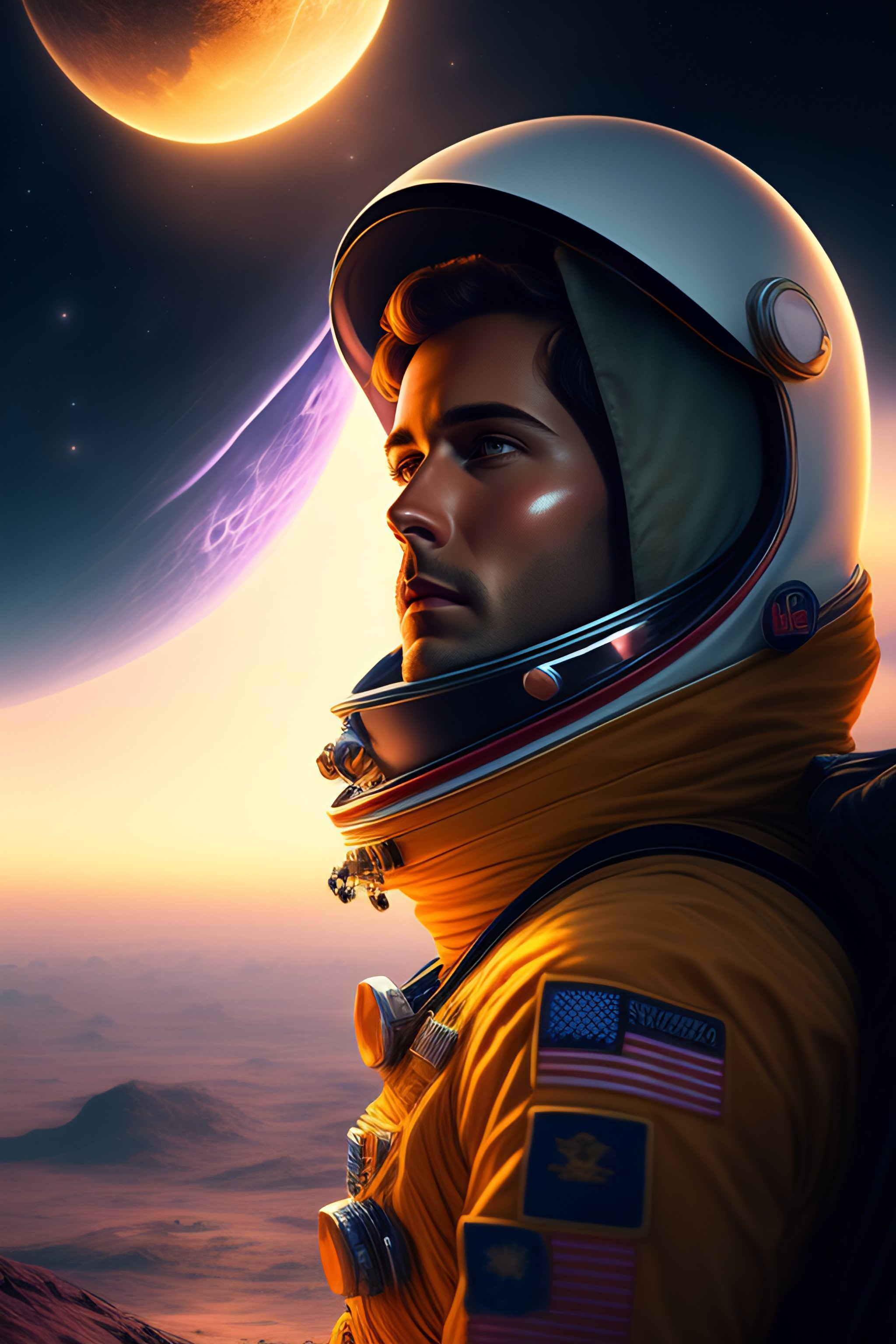 Lexica - Portrait of a male brown hair astronaut on moon looking at ...