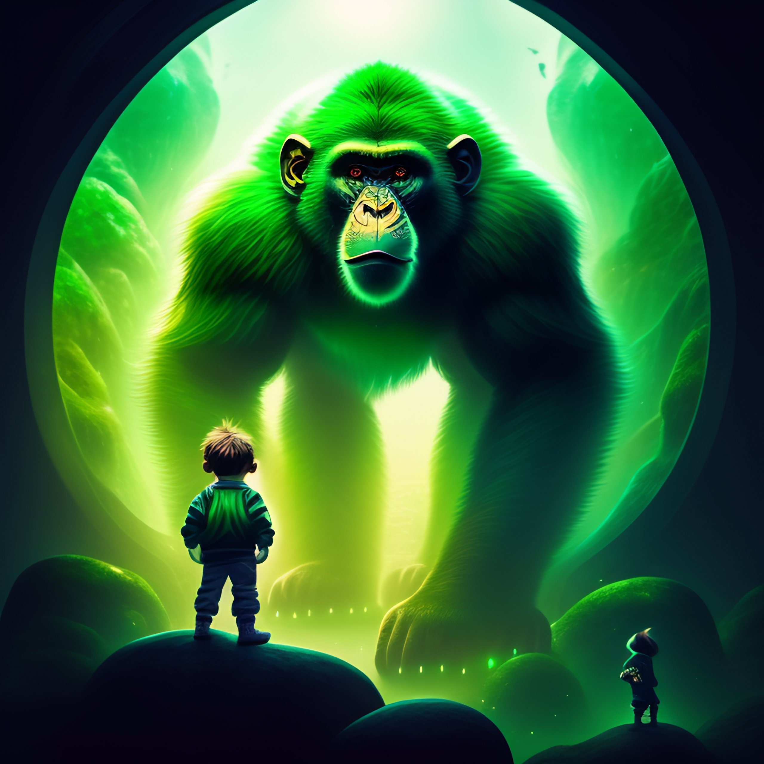 Lexica - Lost in a emerald maze, young monkey facing huge a jade golem ...