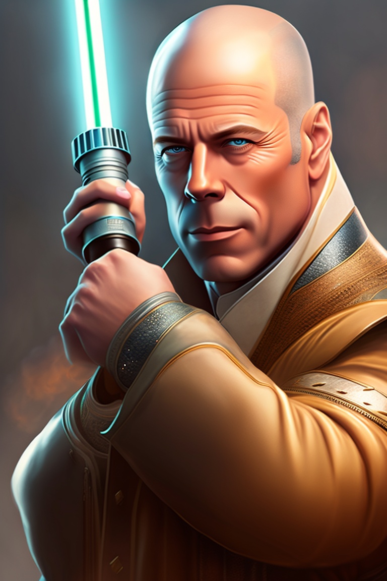 Lexica - Bruce Willis holding lightsaber, jedj, jedi Knight, pose