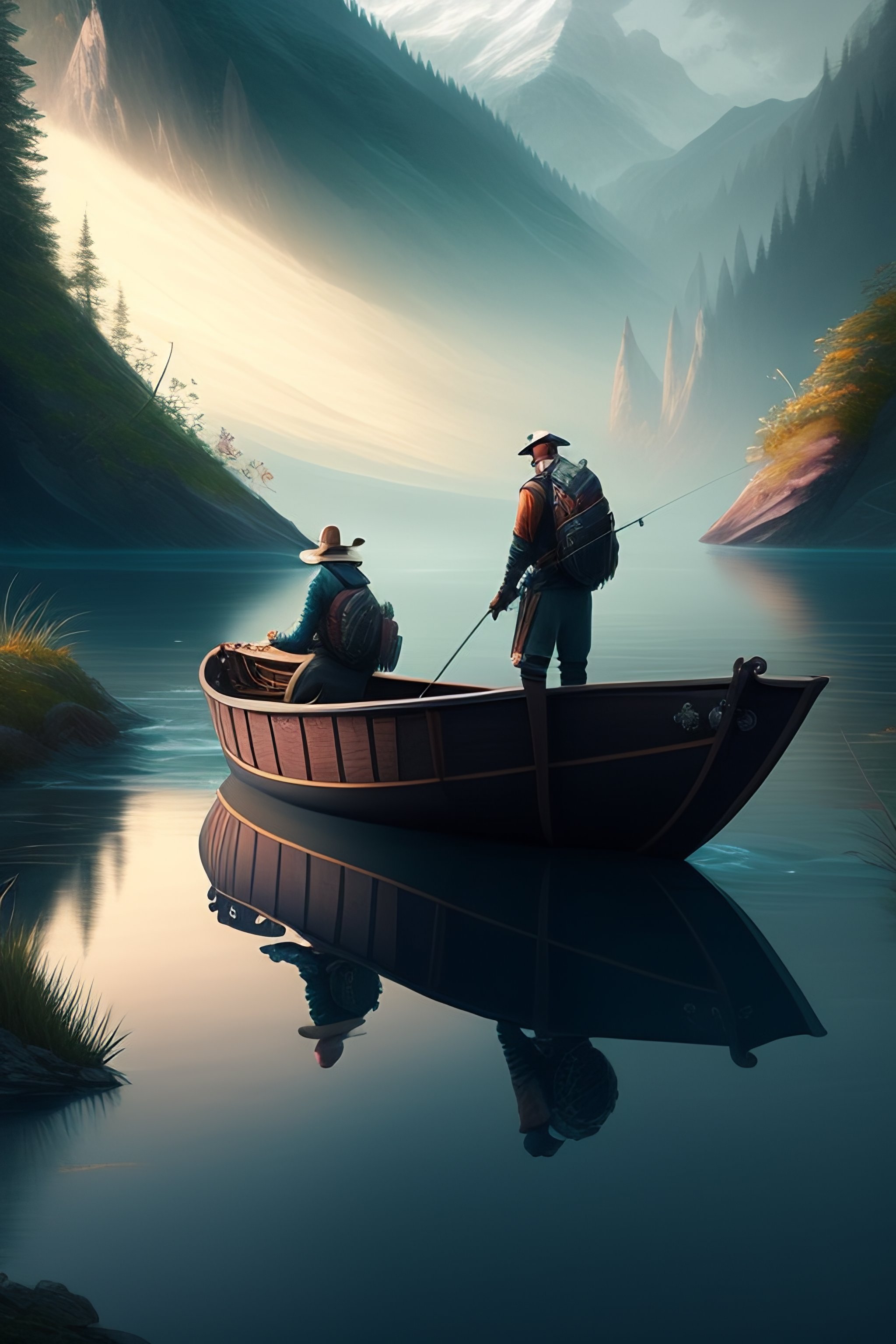 Lexica - 3 friends with fishing rods in a boat fishing in a hidden ...