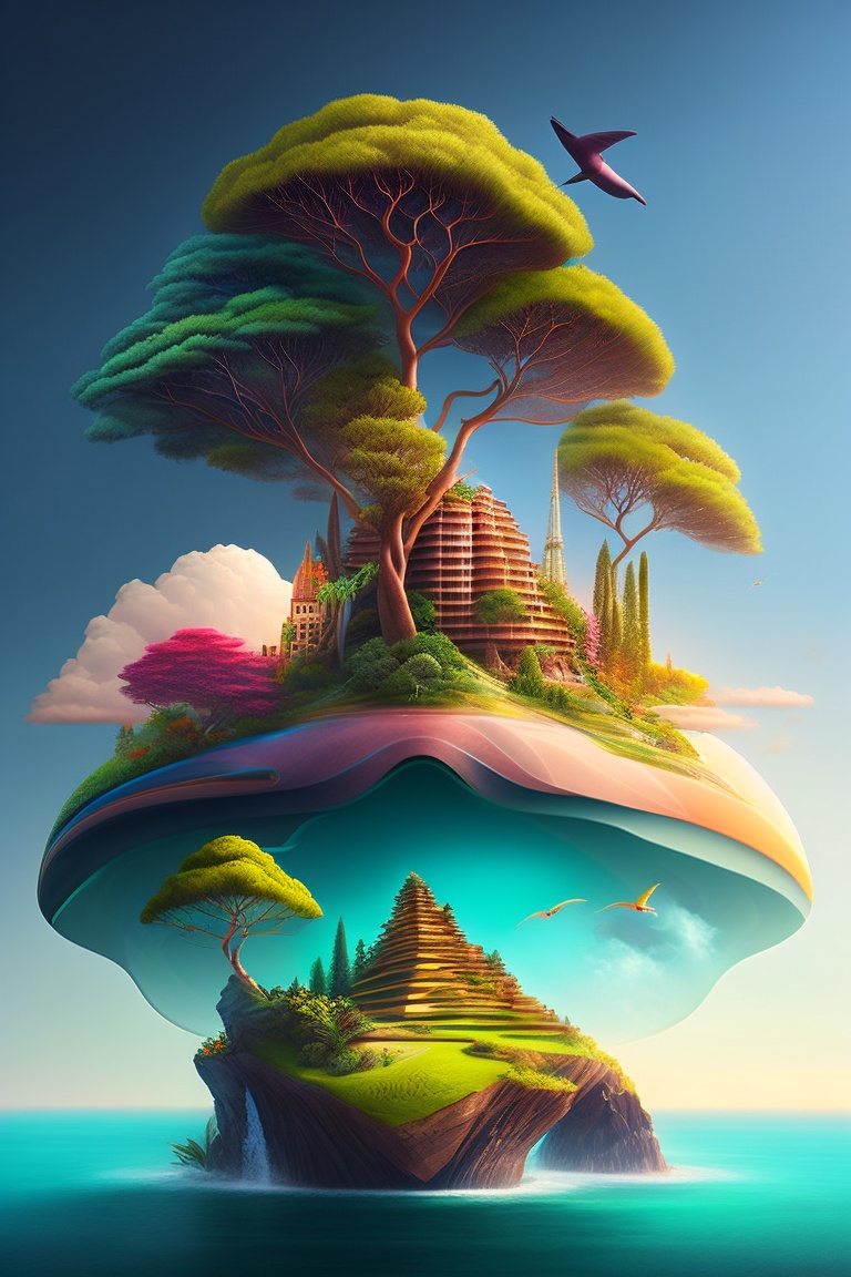 Lexica - Flying islands with beautiful waterfalls, Tropical trees, oases