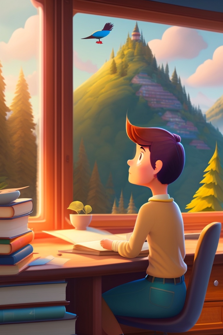 Lexica - A person sitting at a desk, surrounded by books, coffee cups ...