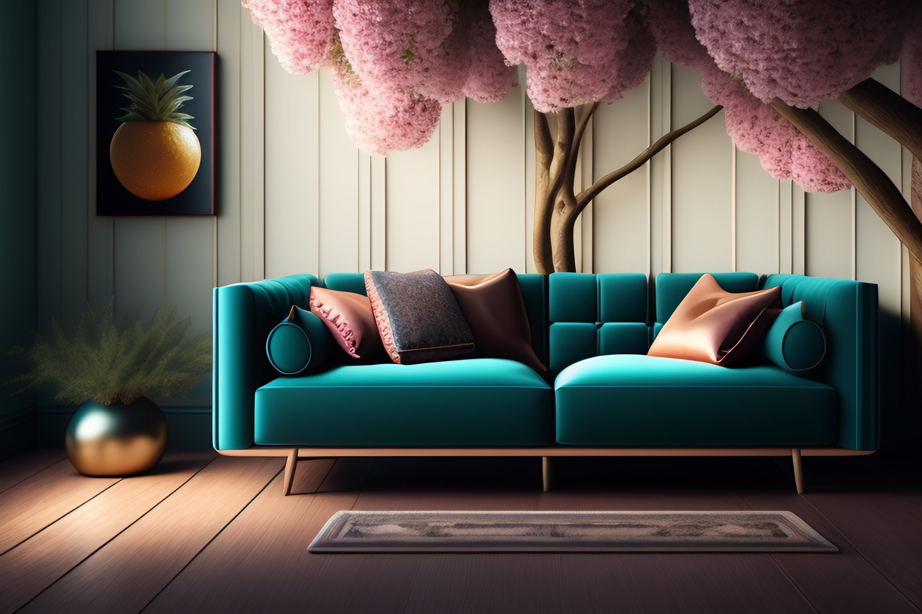 Lexica - A couch sitting on top of a wooden floor next to a tree, by ...