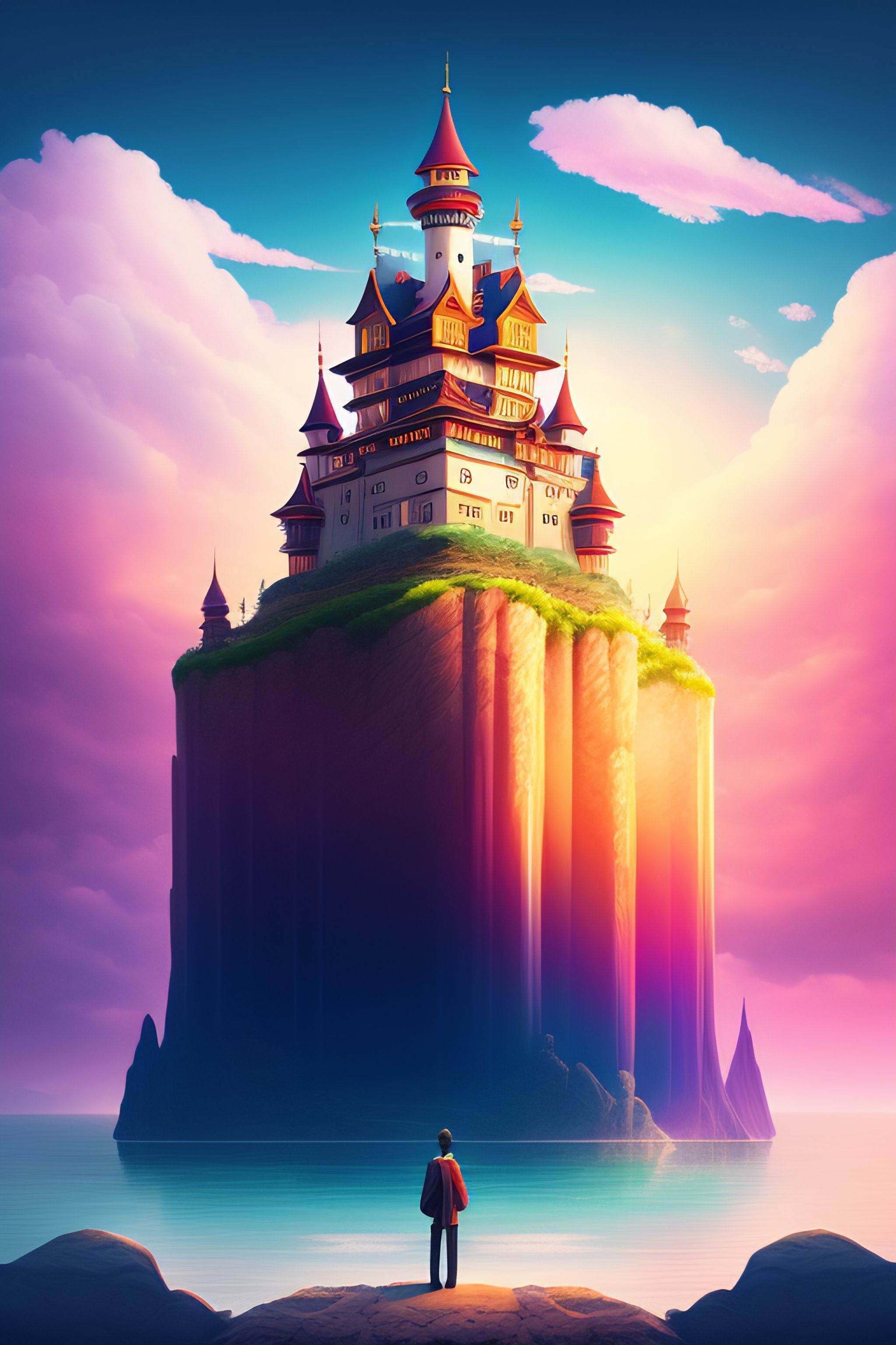 Lexica - Anime floating castle with man standing infront