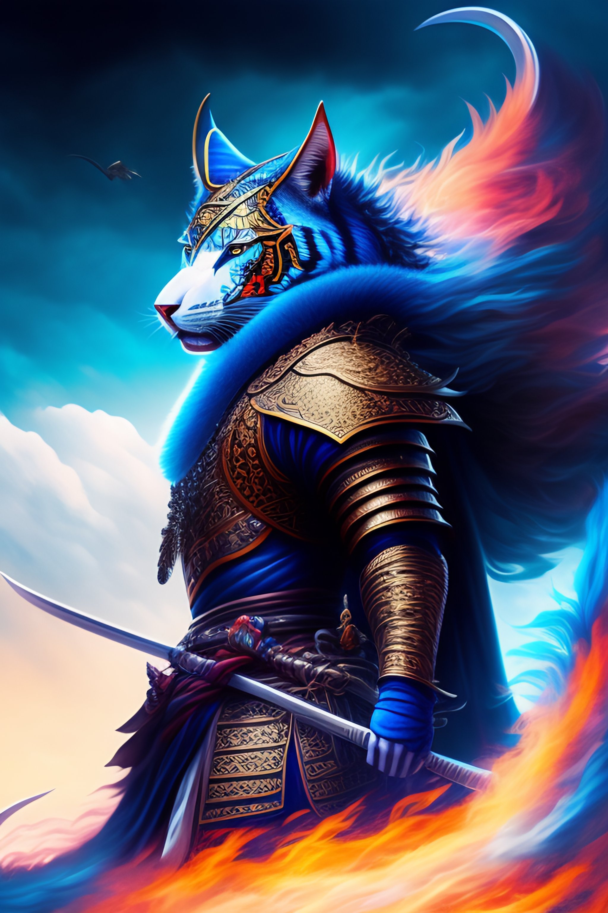 Lexica - Samurai wearing blue tiger amor, dragon flying background