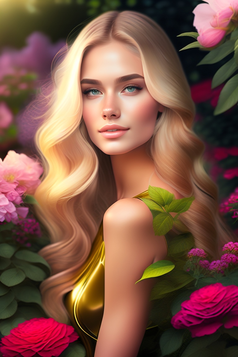 Lexica - Realistic photo, girl with long blonde hair, summer blooming ...