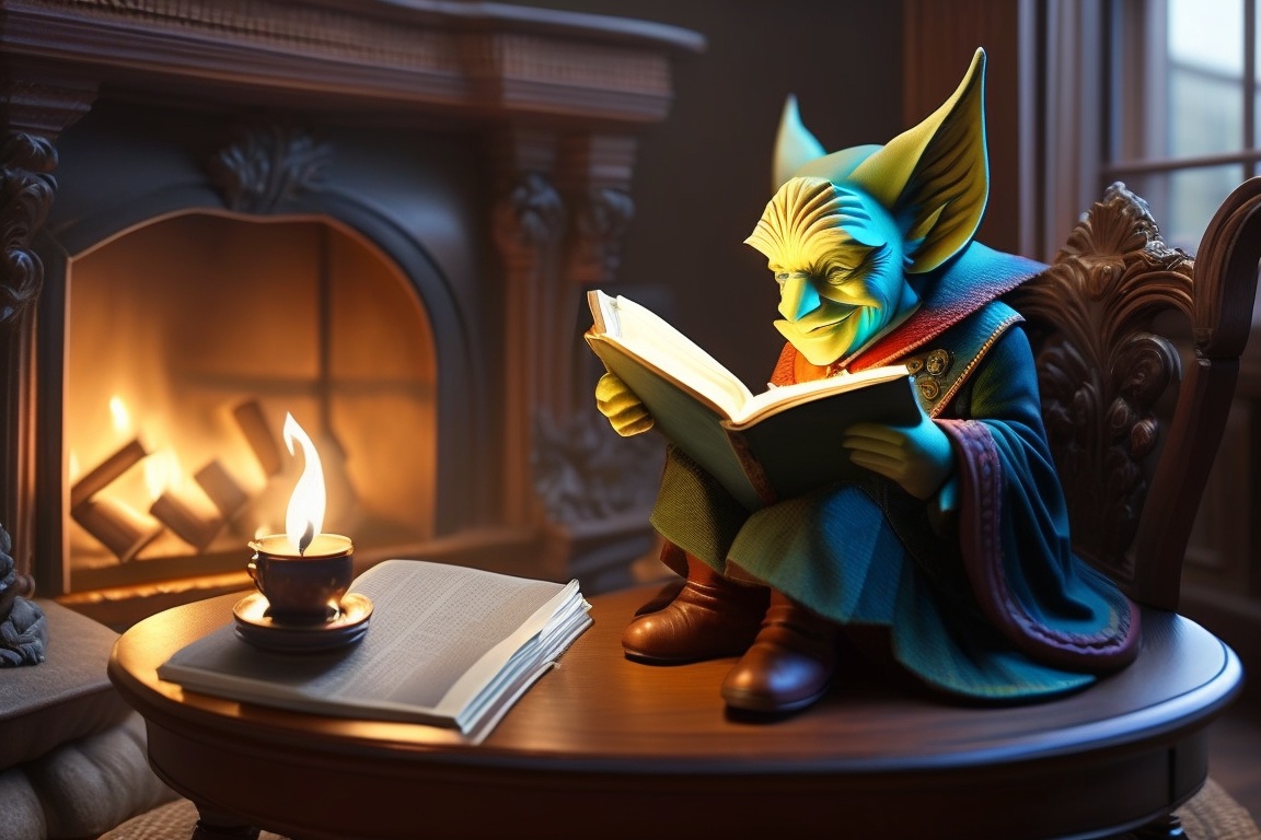 Lexica - Goblin sitting in a chair behind a desk in a library near a ...