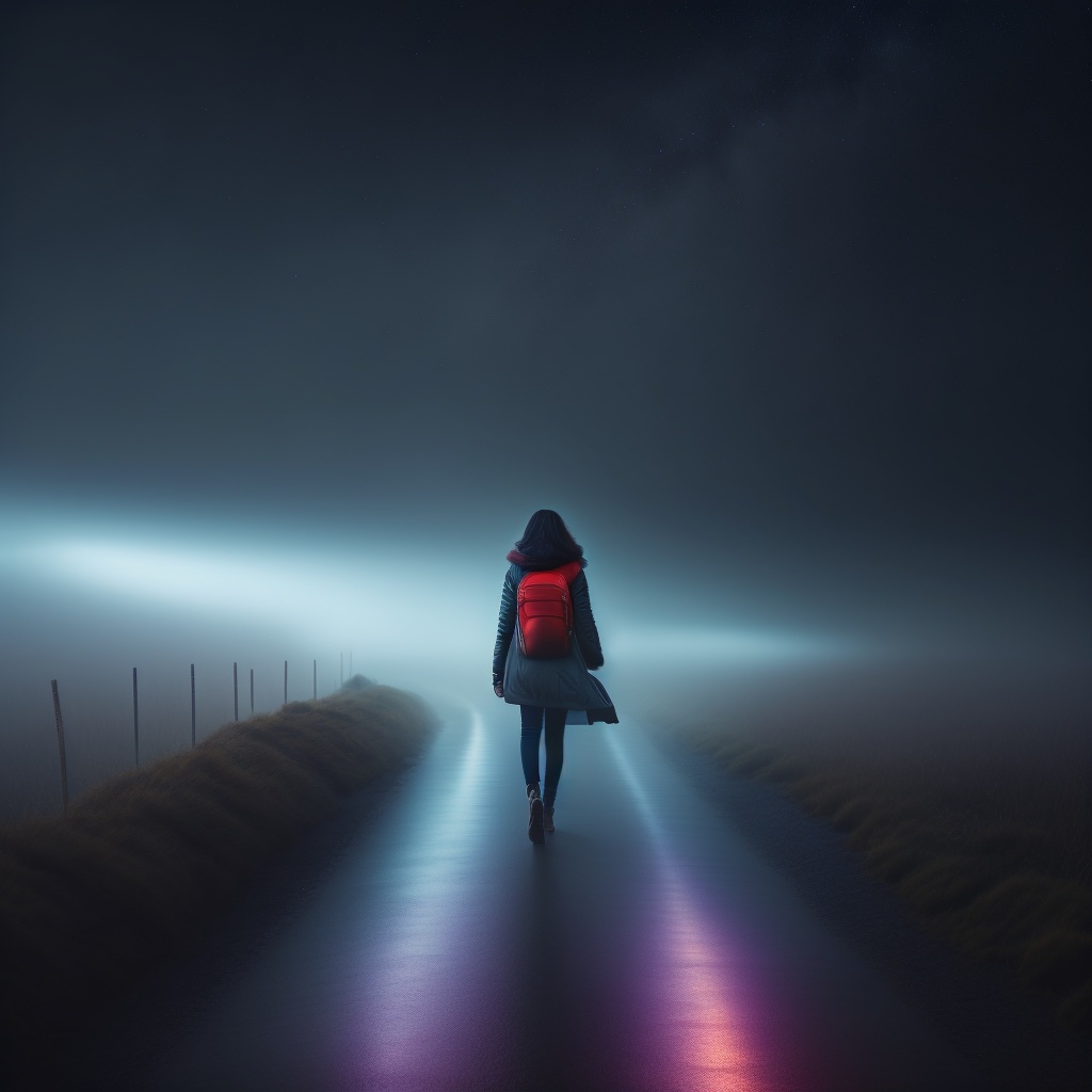 Lexica - An image of a woman walking through a dark and foggy path ...