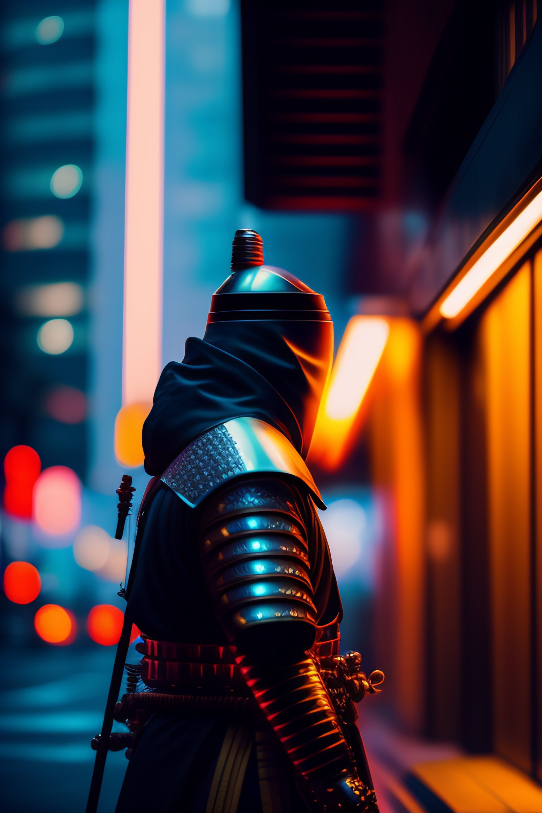 Lexica - Slow shutter speed photo of a cyberpunk samurai with neon ...