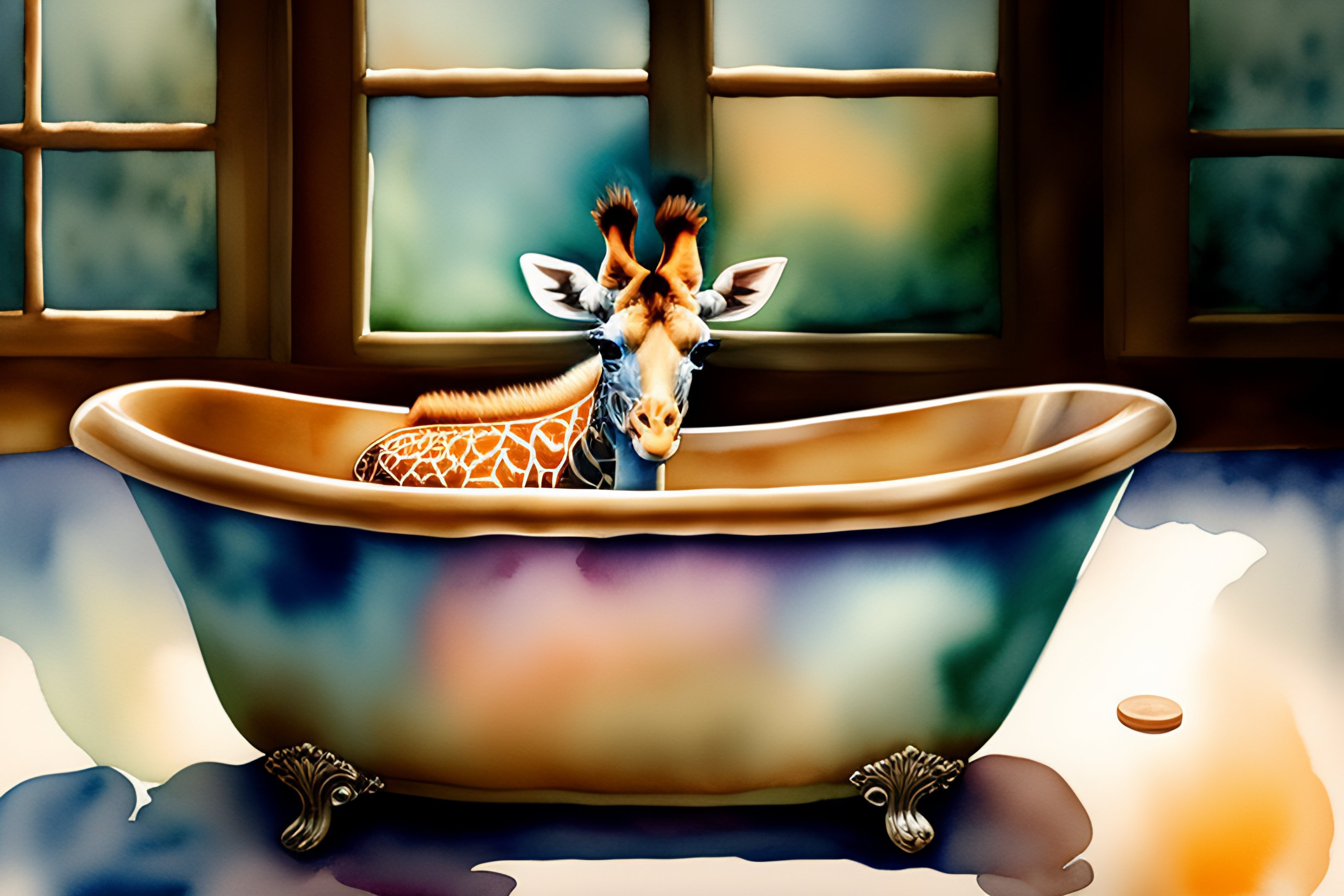 Lexica - Watercolor style cute, happy baby giraffe in an old rustic bathtub, with Bubble Bath,