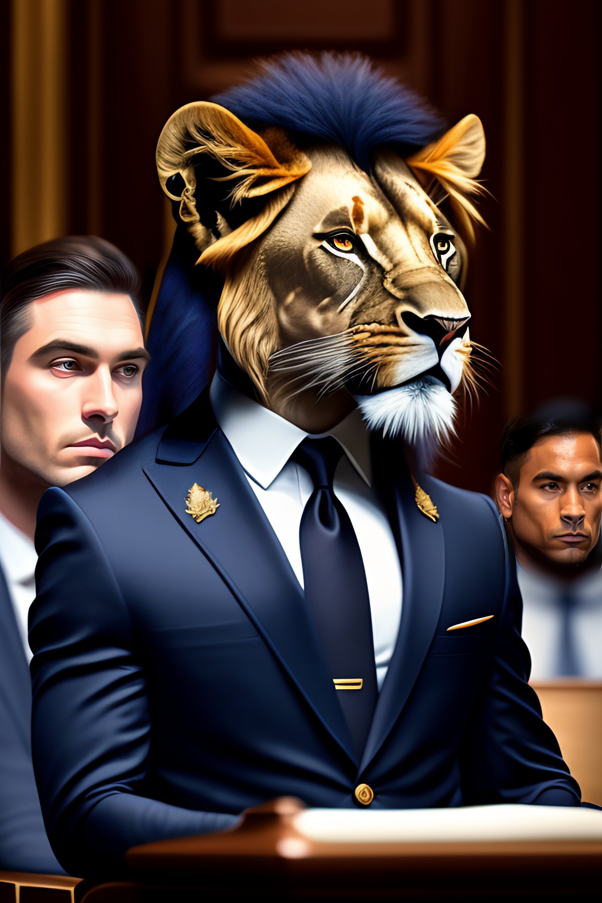 Lexica - Award-winning photo of a lion lawyer in court, navy blue suit ...