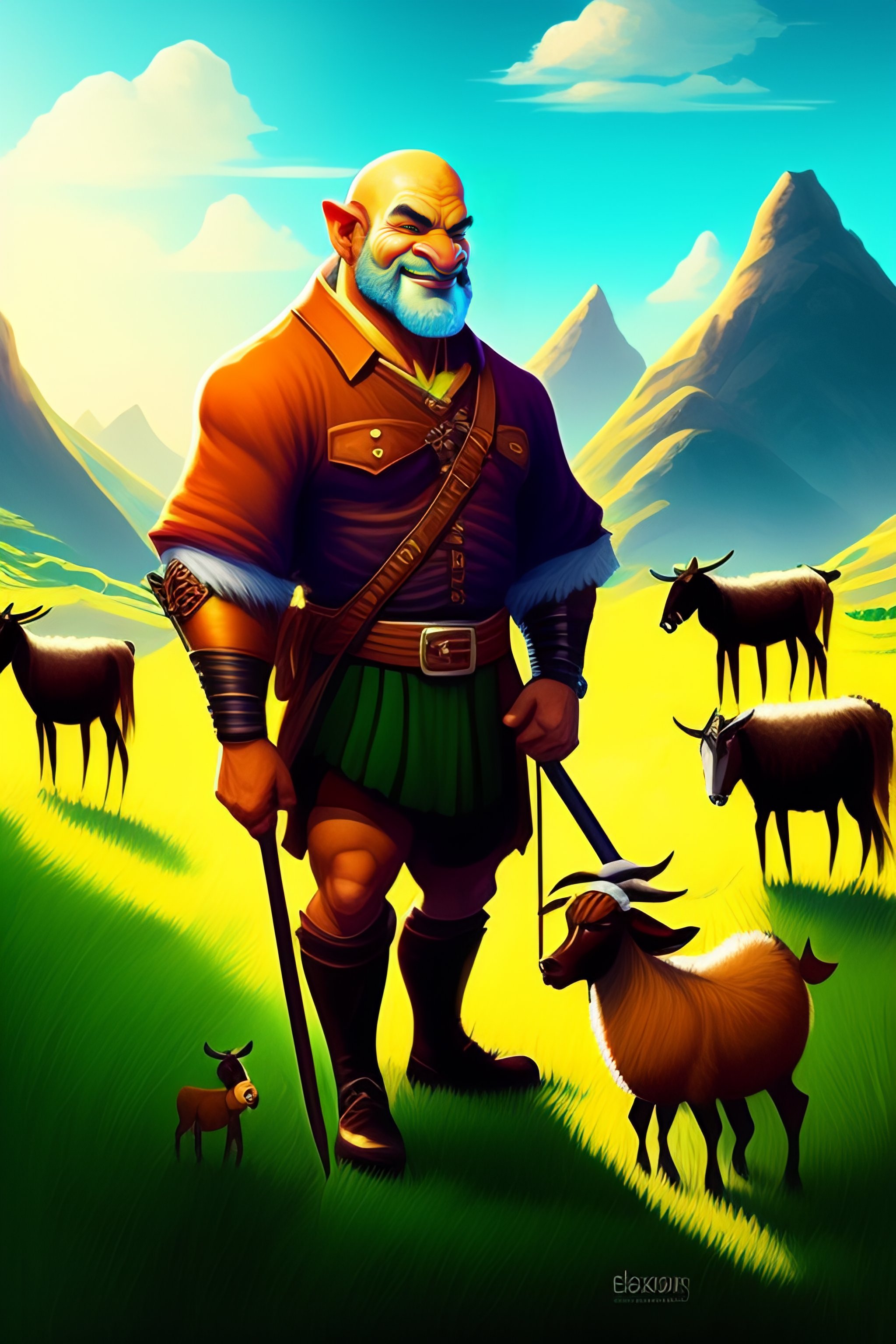 Lexica - A bald happy orc holding a whip while herding goats, green ...