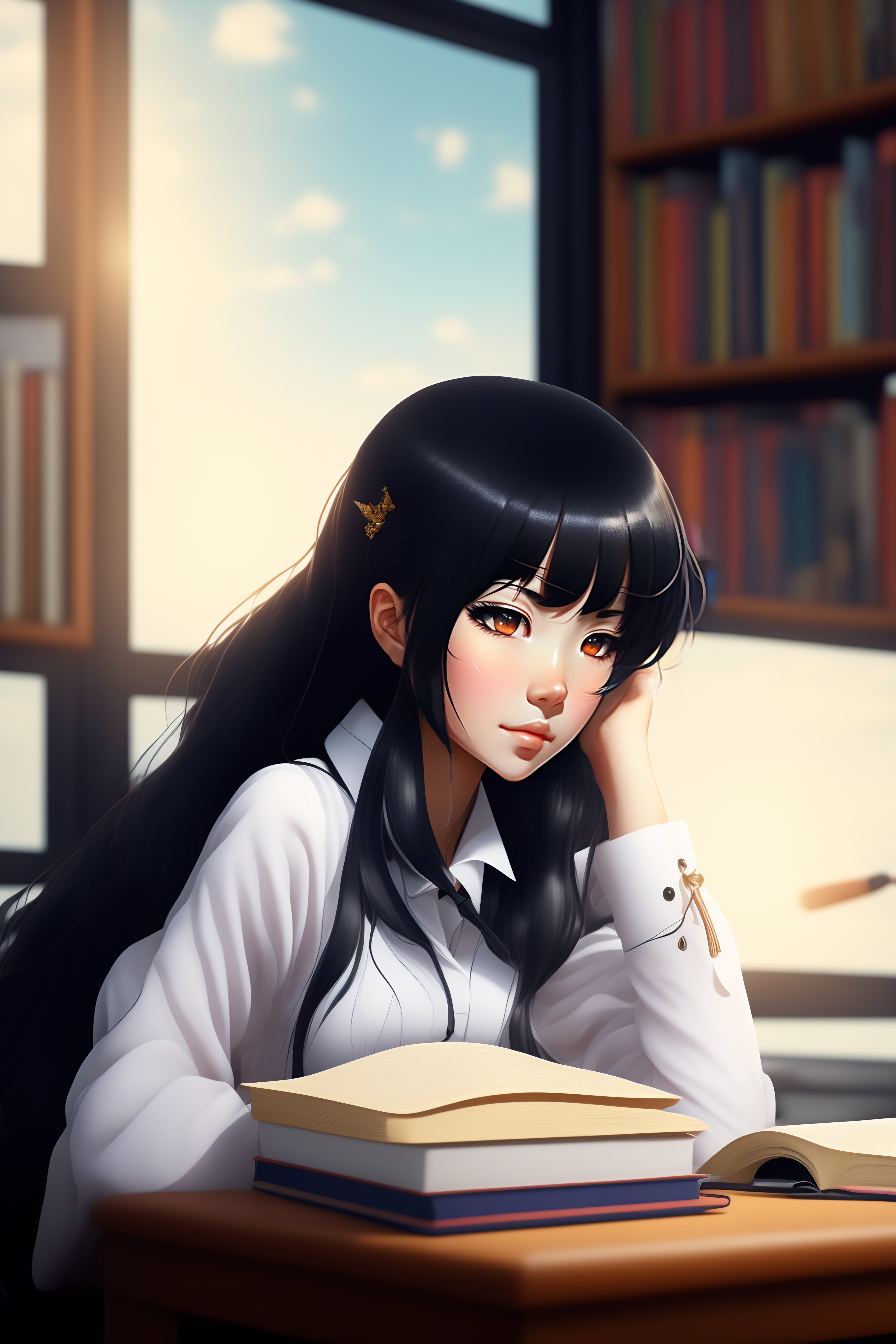 Lexica - An anime girl sits at a desk, surrounded by books and notes ...