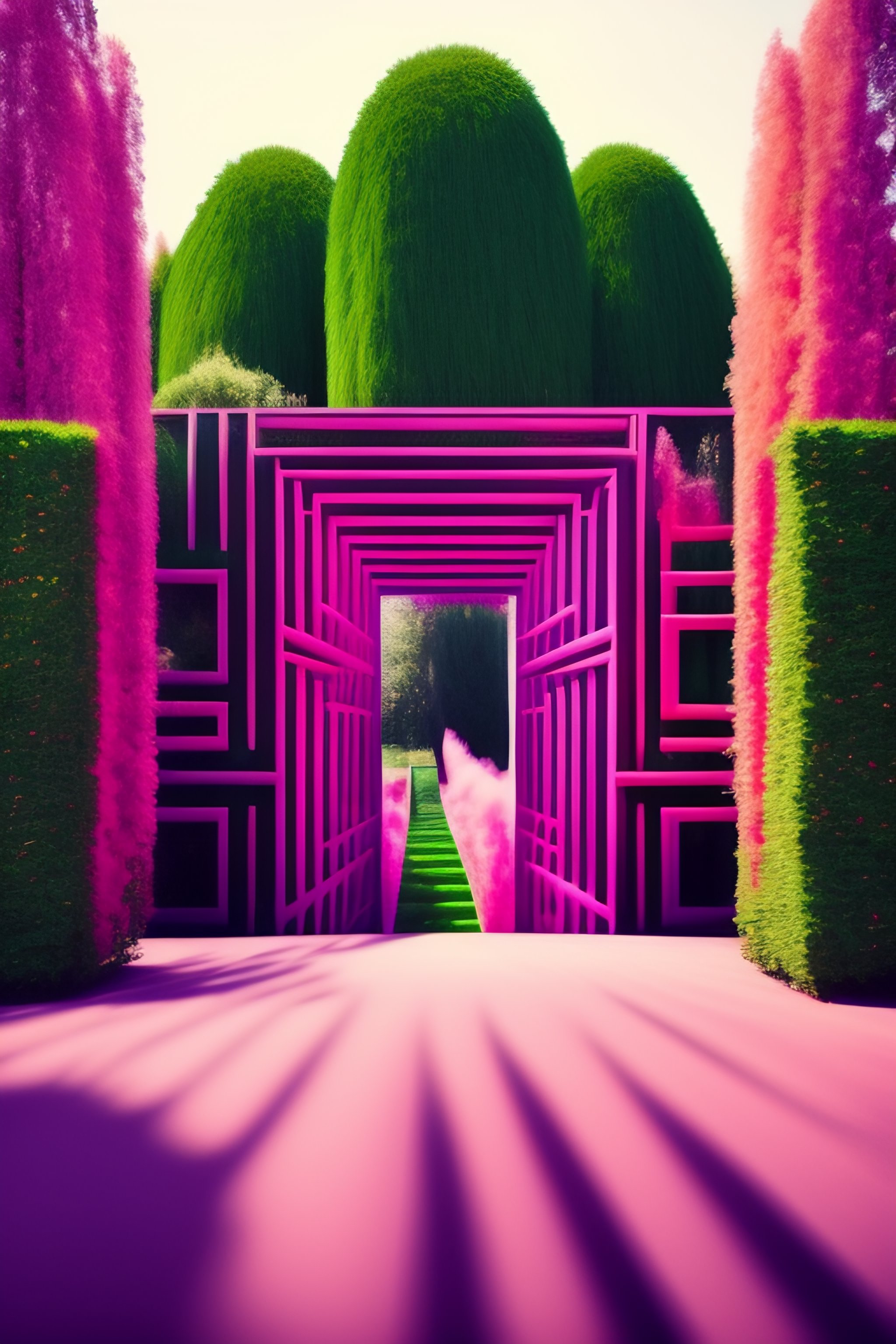 Lexica - Tall green hedge maze, green grass, evil monster in shadows ...