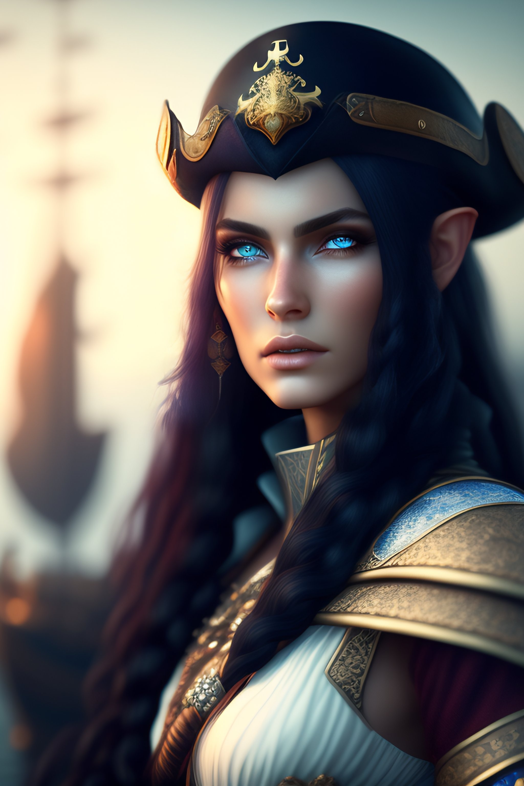 Lexica - Deep dark fantasy, pirate girl with long black hair, white ...