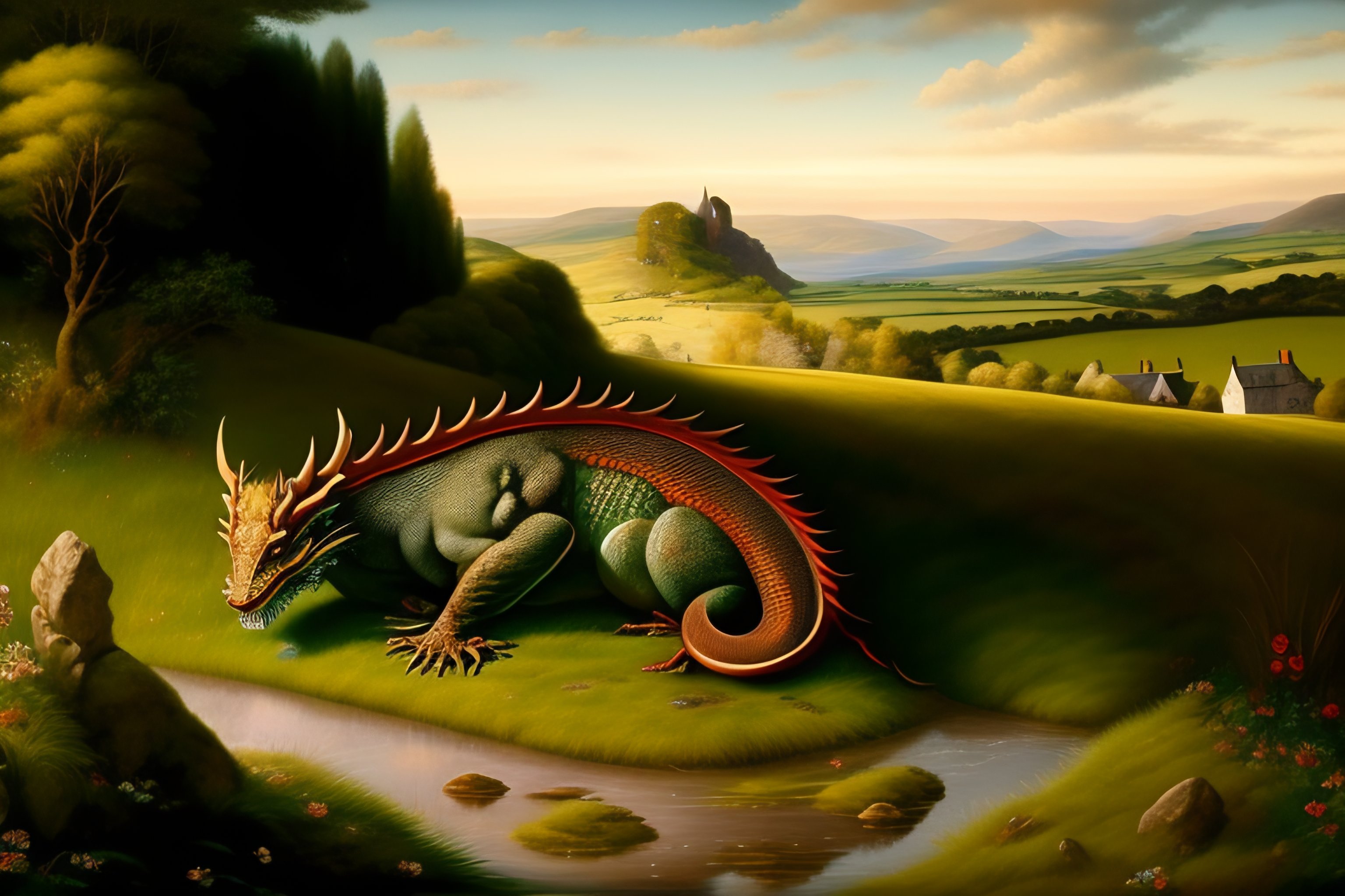 Lexica - Dead Dragon with sword in his head, in irish landscape ...