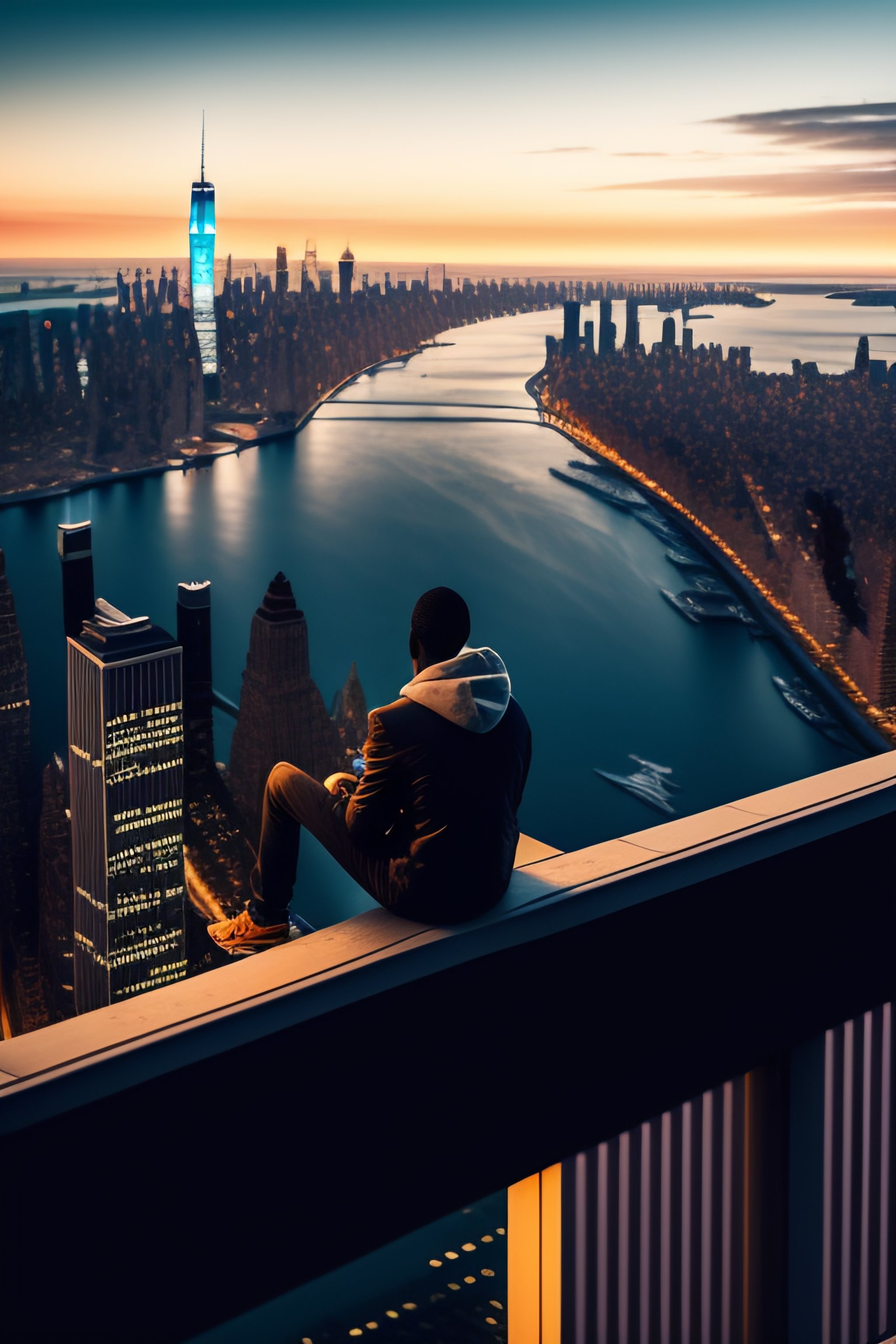 Lexica - Black man sitting on a roof looking down at New York City ...