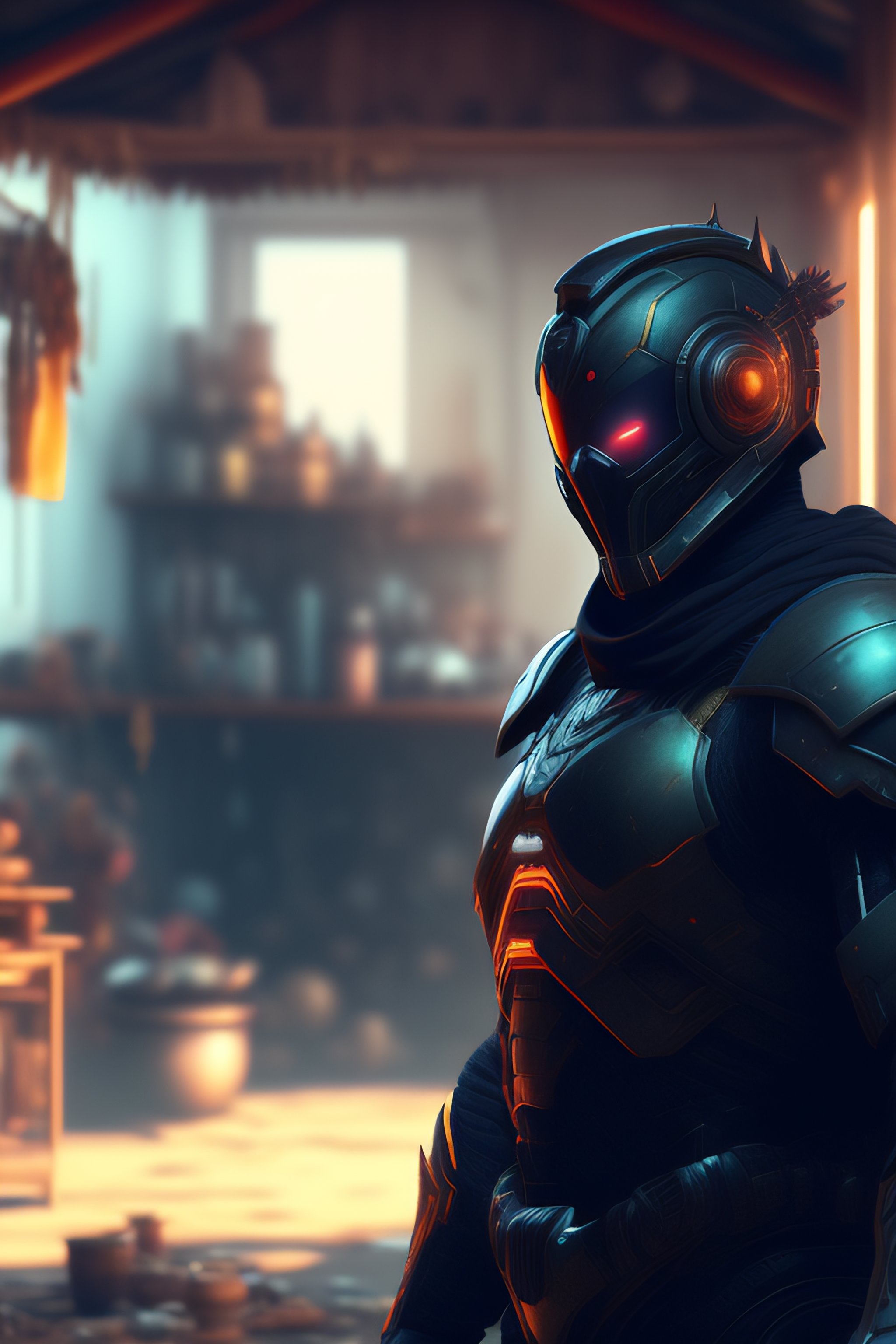 Lexica - Wide angle Environmental shot of evil Cyborg in a cluttered ...