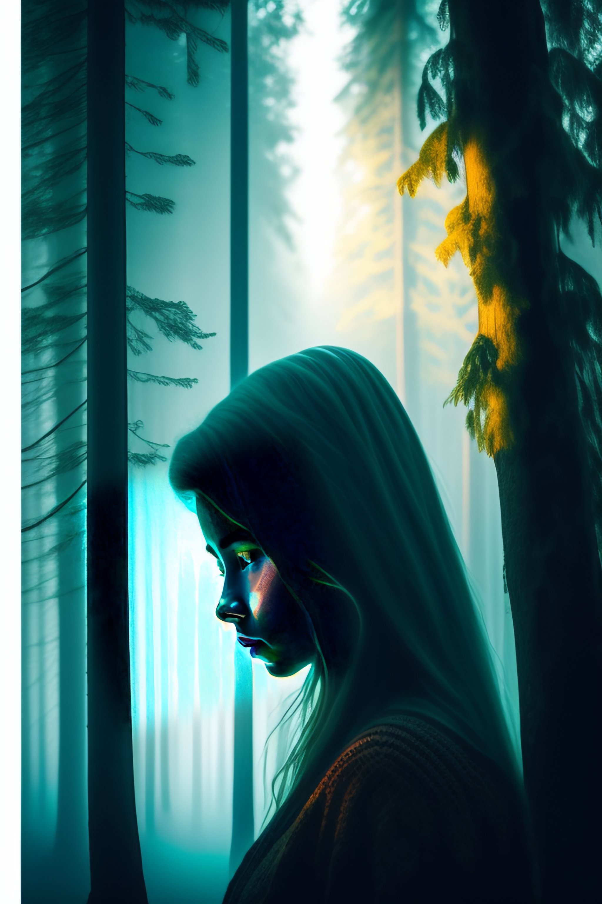 Lexica - Ghostly girl peeking from behind a tree in a dark foggy forest
