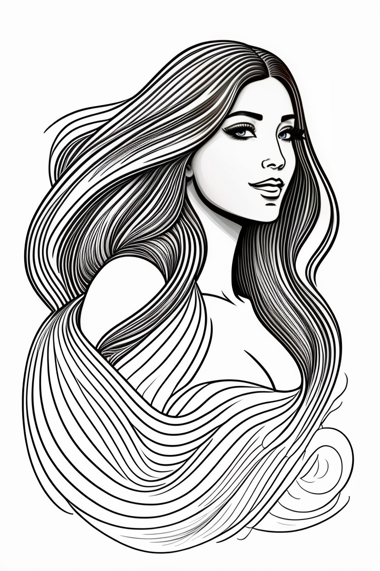Lexica - A mermaid with long hair. black and white, wavey lines ...