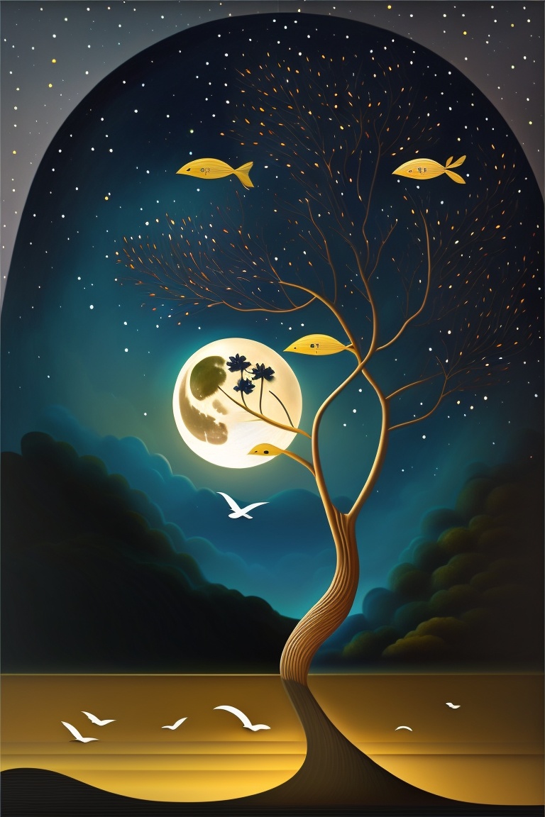 Lexica - Tree with birds , moonlight , full moon, picasso