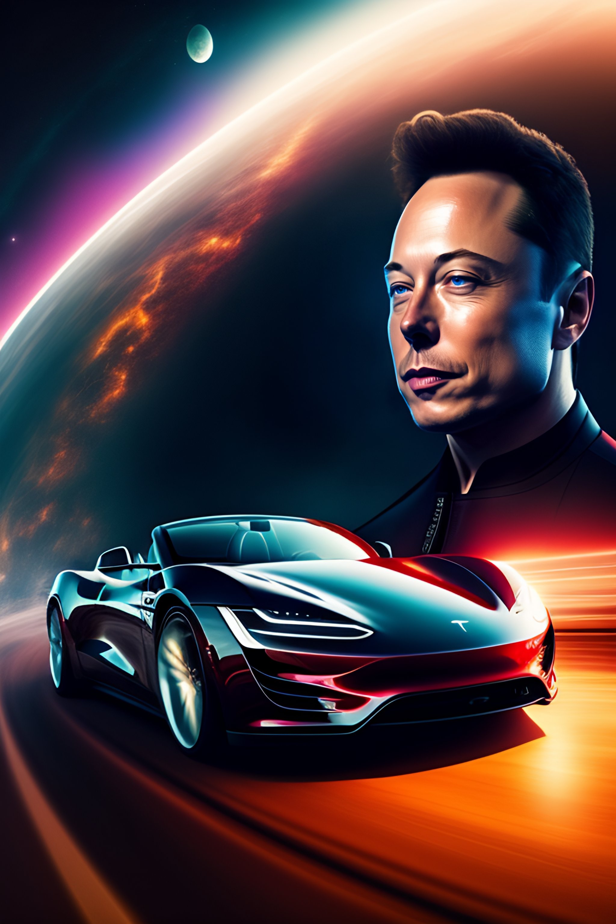 Lexica - Elon musk in a convertible tesla roadster in space strapped to ...
