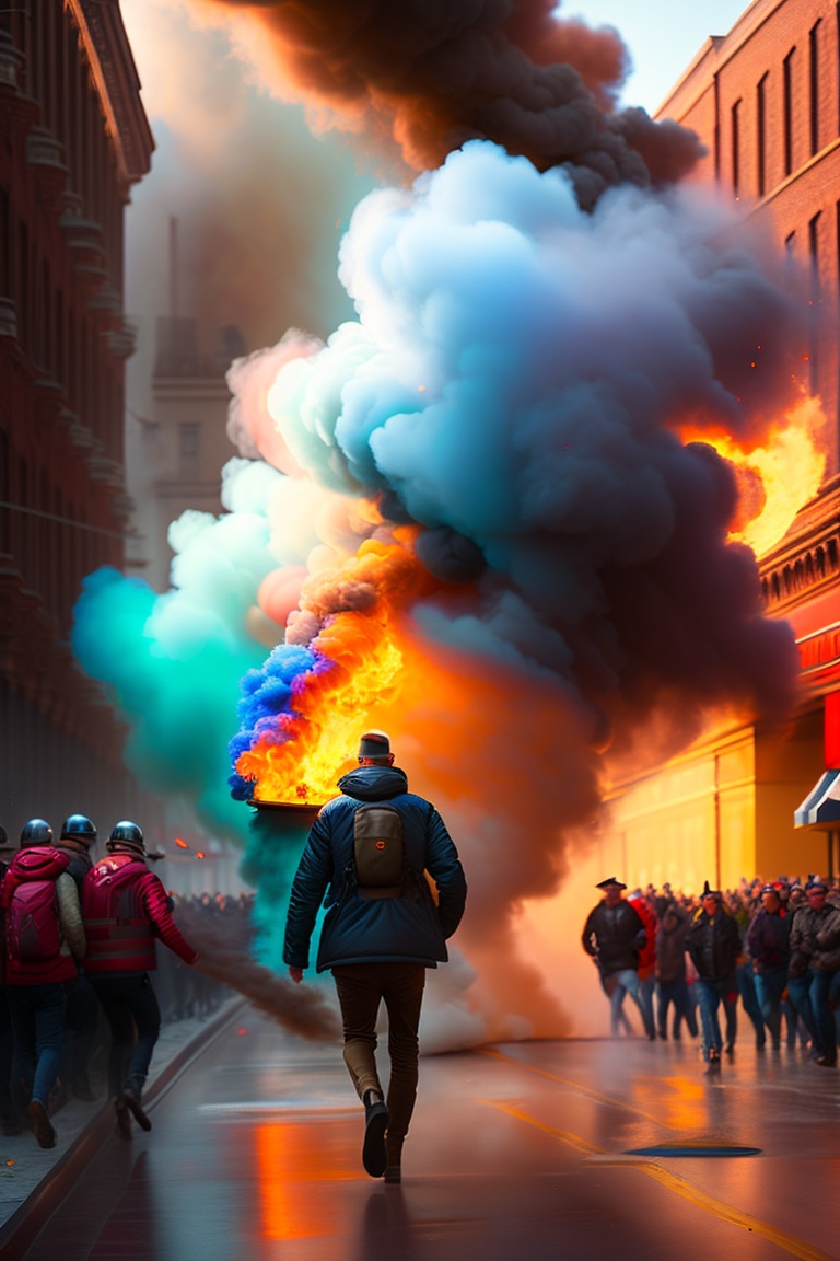 Lexica - Escaping crowd, ultrarealistic, smoke, bricks everiwhere, fire ...