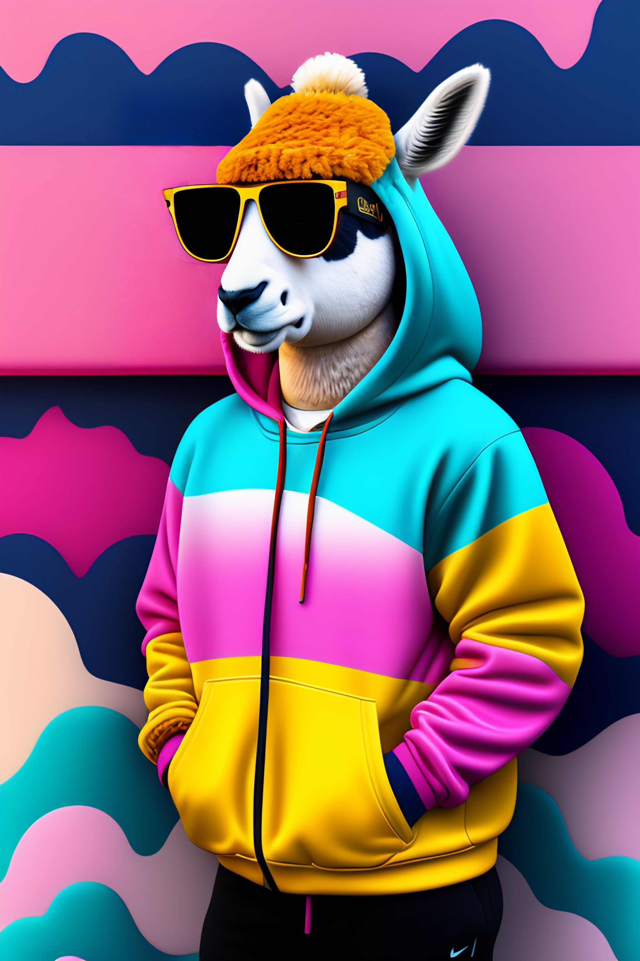 Lexica - A stuffed llama wearing a pink jaguar print hoodie and gold ...