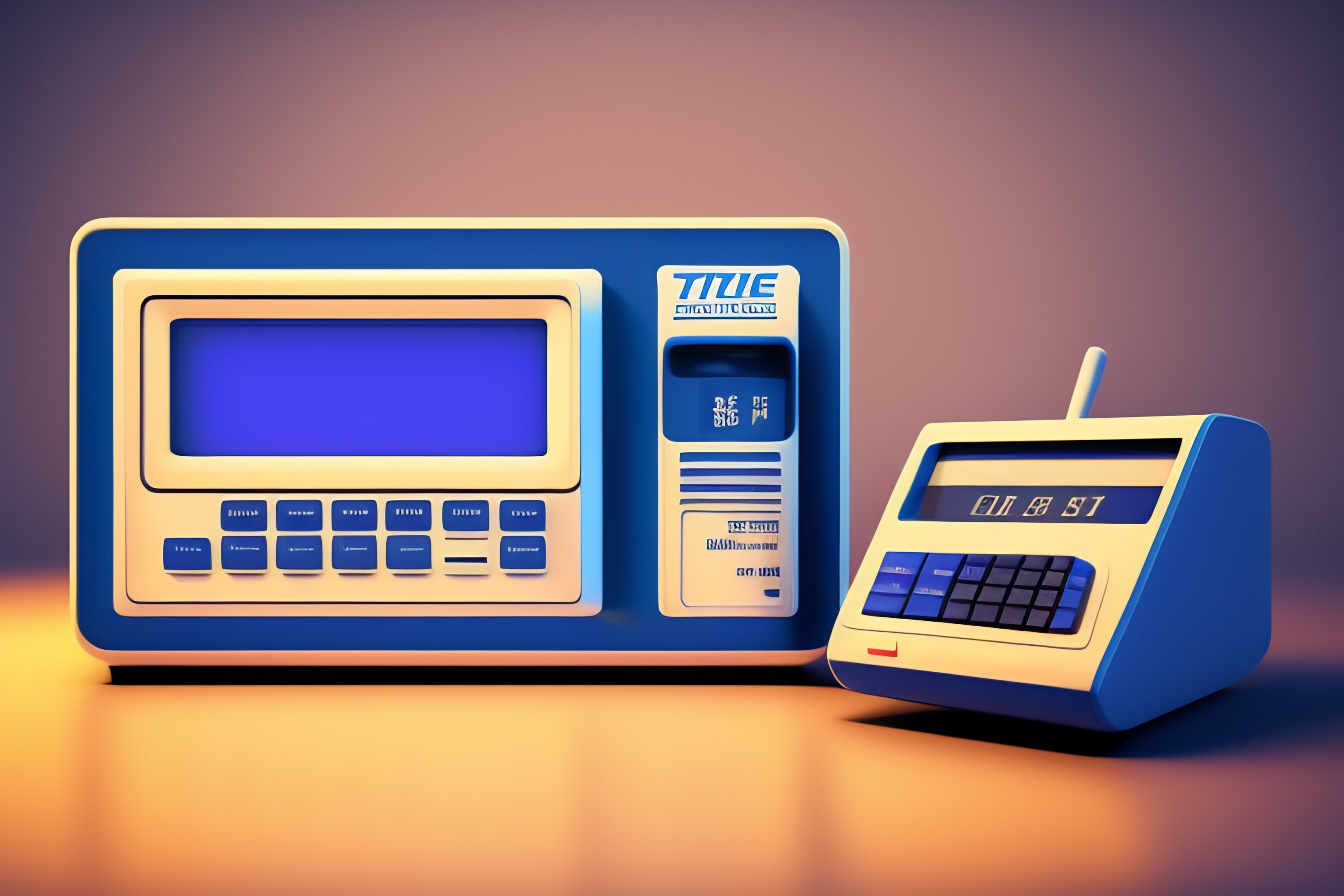 Lexica - A payments terminal, blue and white, vhs art, 2D, 80s