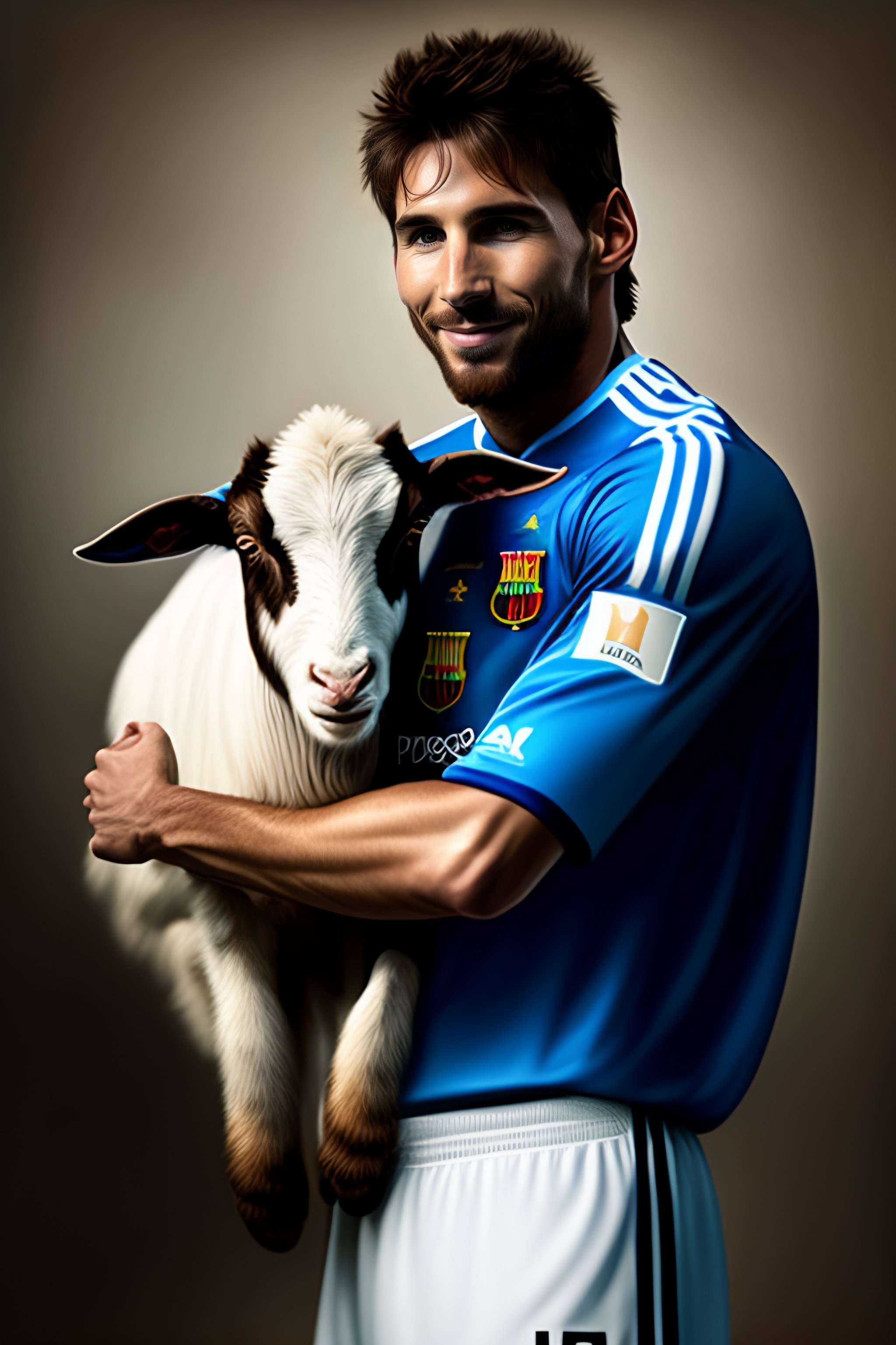 Lexica - Portrait of messi holding a goat with an argentinian shirt