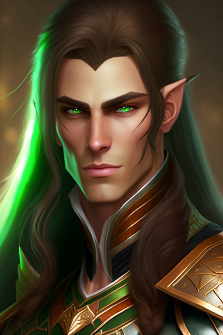 Lexica - A battle mage of dark elf decent. Green eyes, long pointed ears. Long brown hair