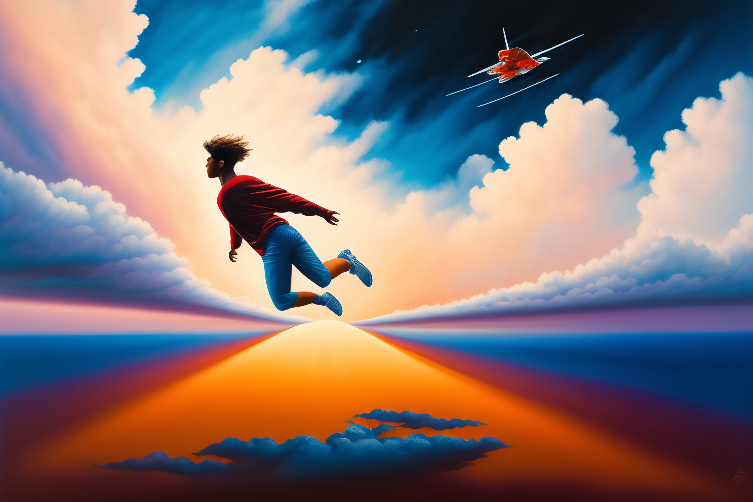 Lexica - Painting of A young man flying and jumping through the sky ...