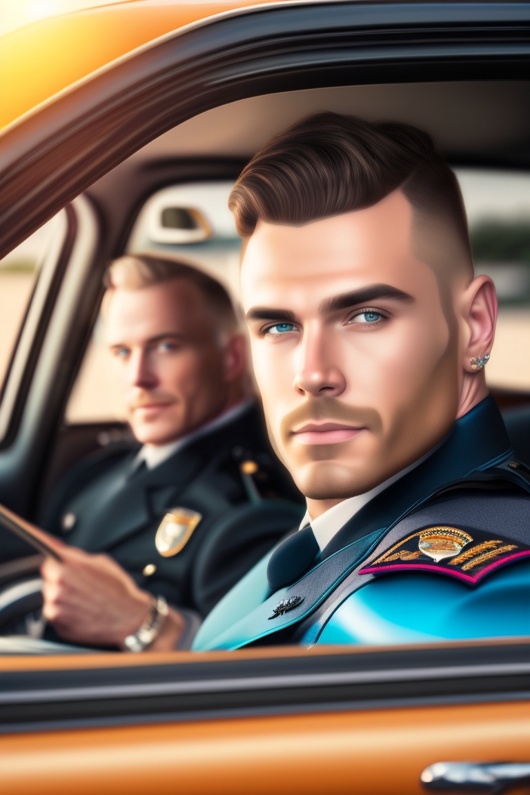 Lexica - View from outside into a police car with two men driving in a ...