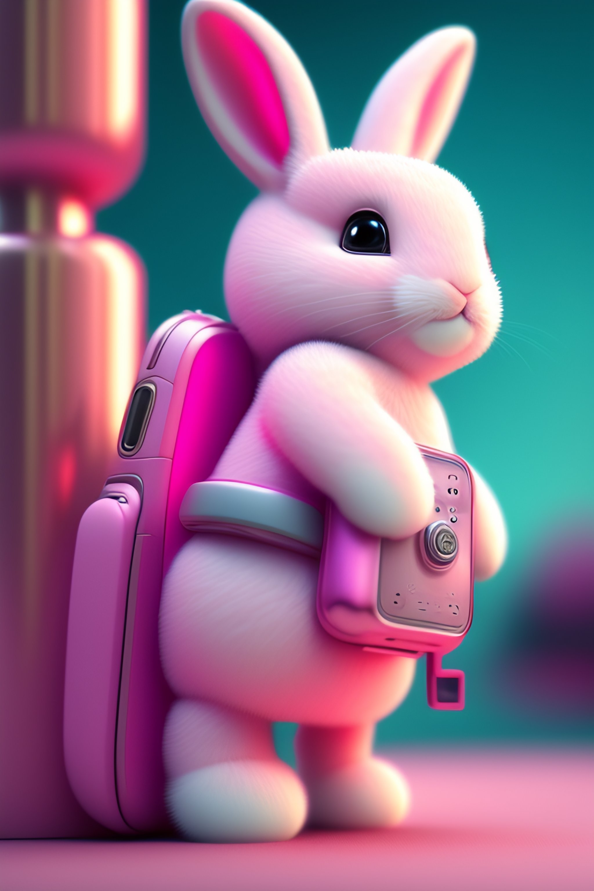 Lexica - Soft Pink Bunny robot working on a smartphone