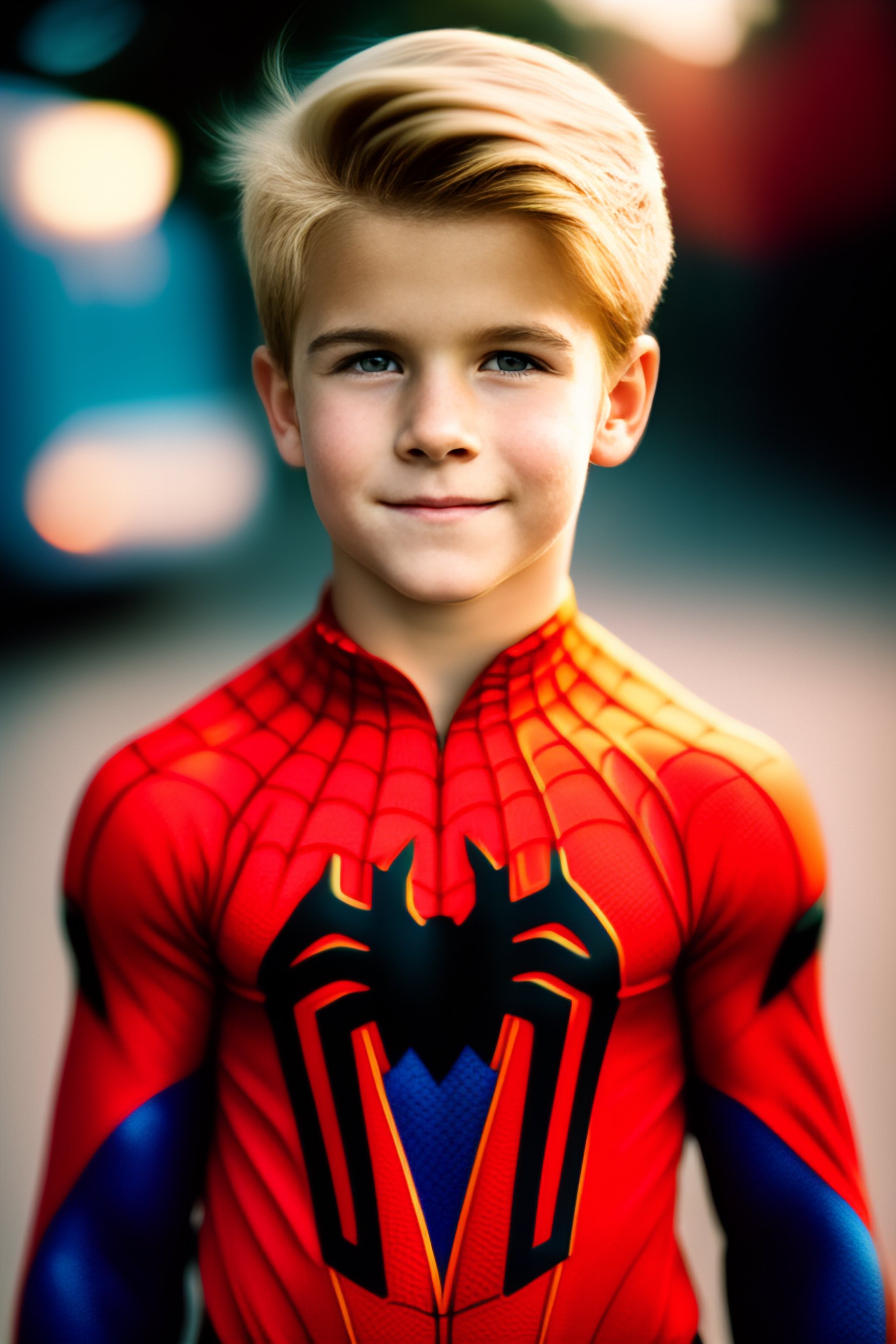 Lexica - A portrait of a young blond boy as spiderman, photo, 35mm ...
